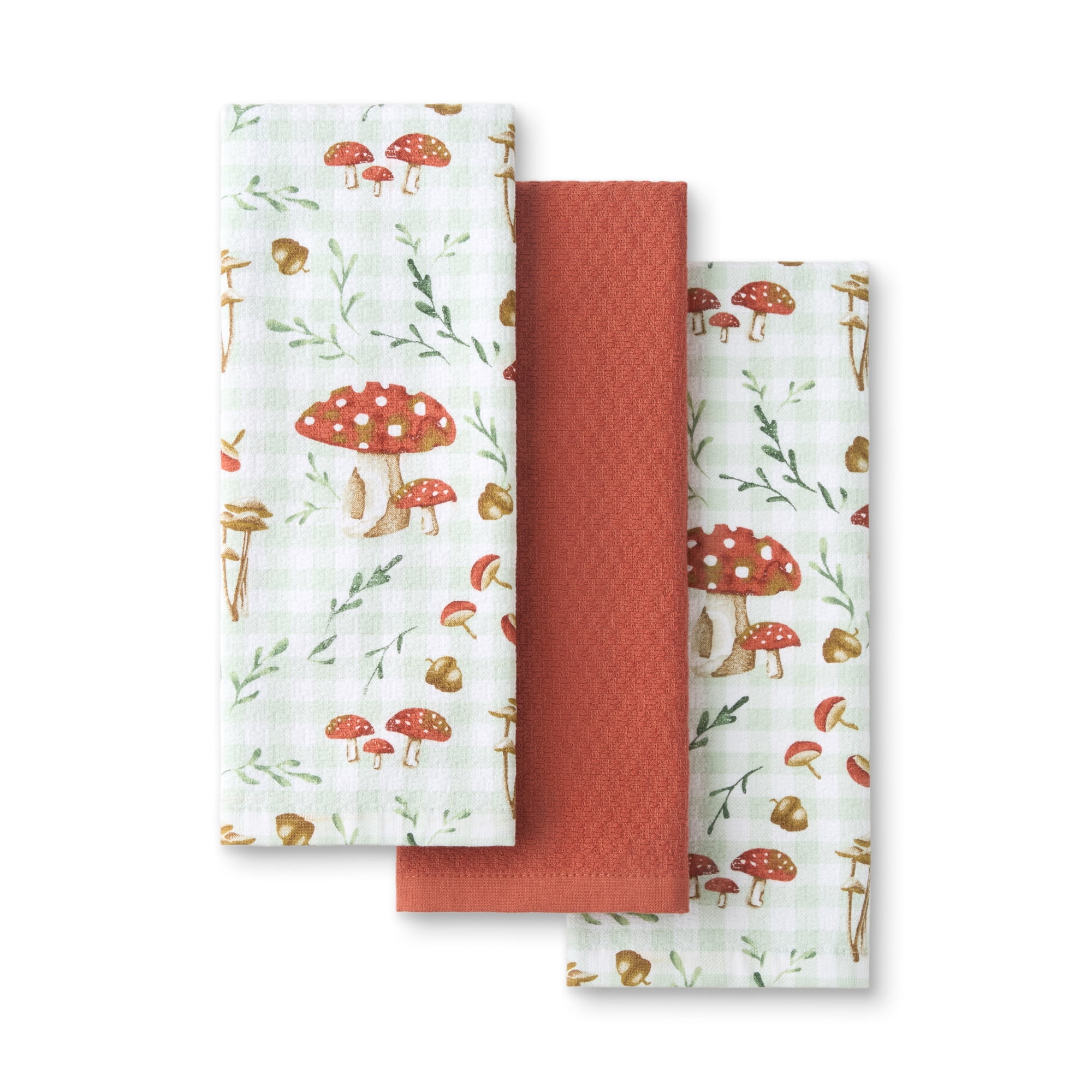 MARTHA STWEART Autumn Harvest Mushroom Plaid Kitchen Towel 3-Pack Set ...