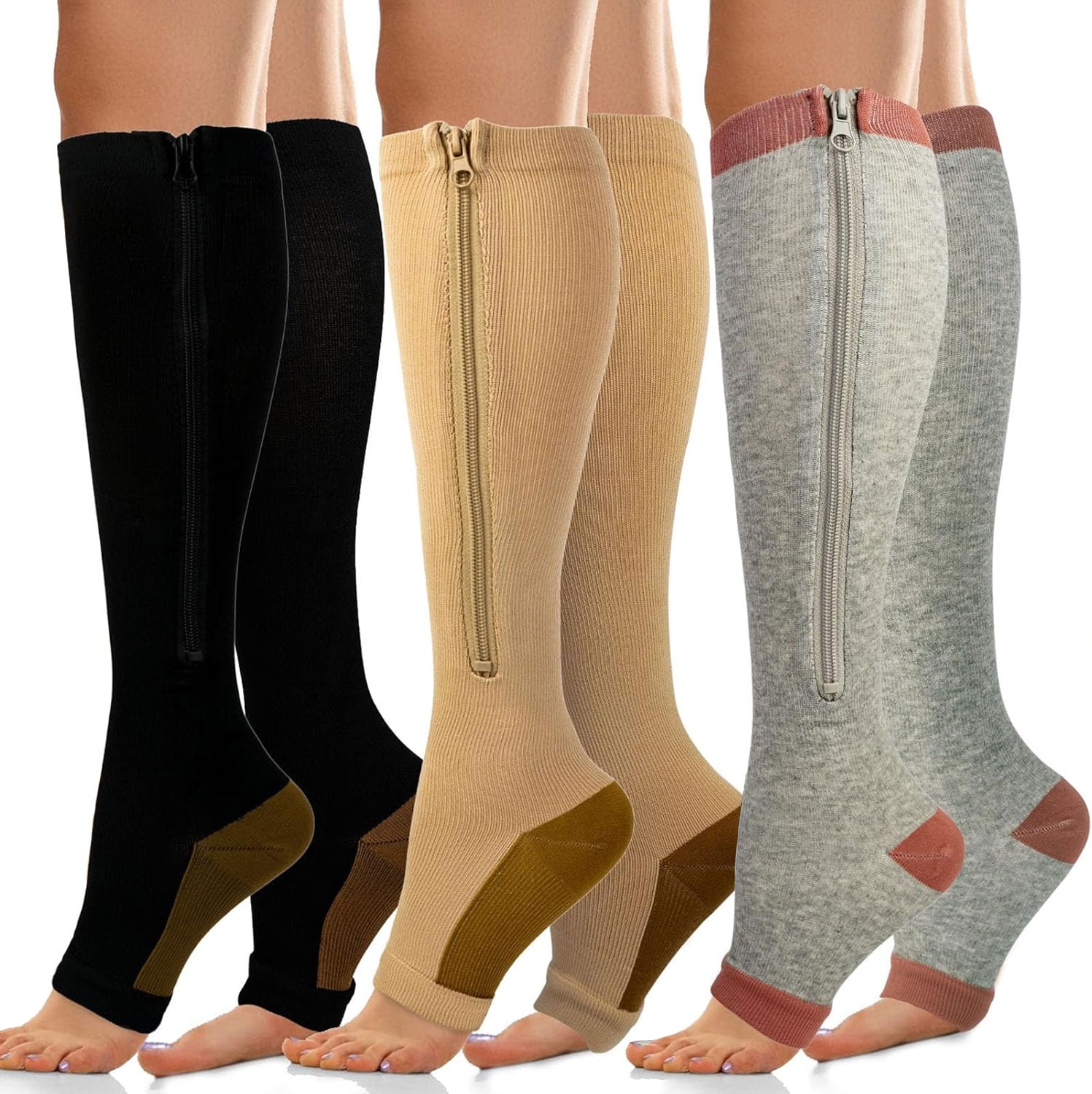 MARTINE MALL 3 Pairs Knee High Zipper Compression Socks 15-20mmHg Open ...