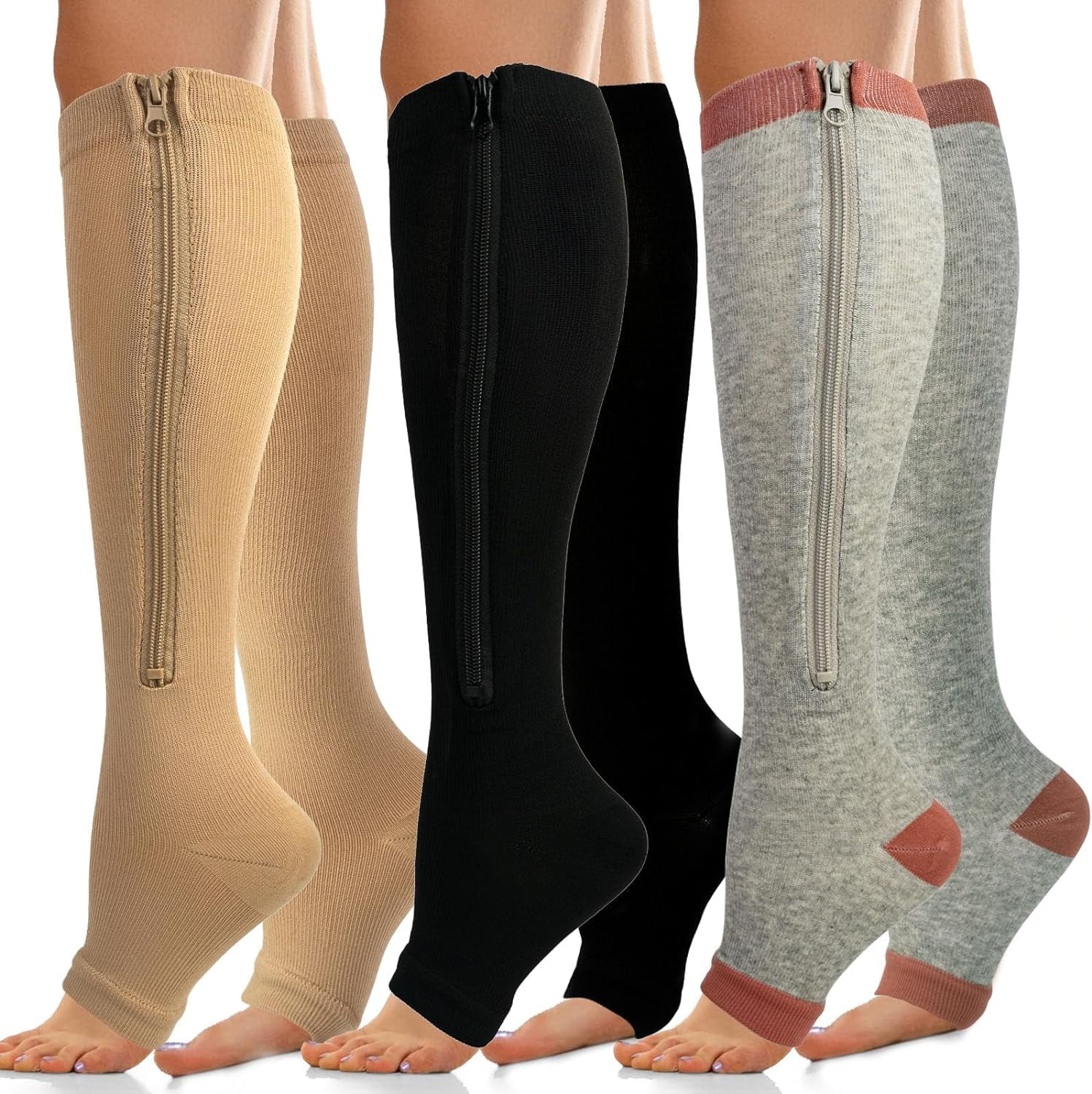 MARTINE MALL 3 Pairs Knee High Zipper Compression Socks 15-20mmHg Open ...