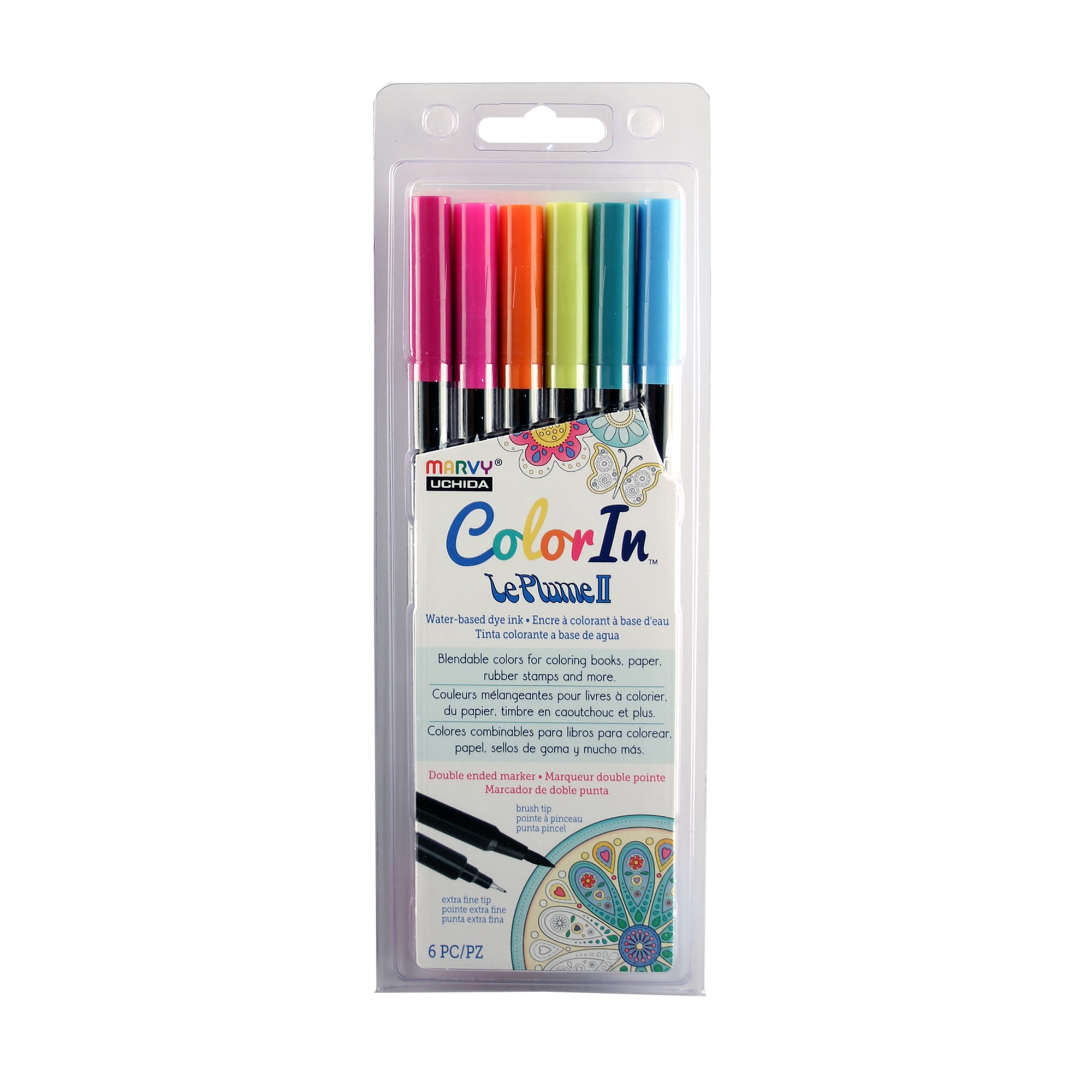 MARVY UCHIDA COLOR IN LE PLUME II DOUBLE ENDED MARKER SET/6 BRIGHT ...