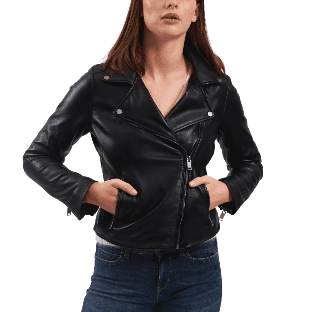 BLUE WELLFORD Mary Women's Black Leather Perfecto Jacket with Shoulder ...
