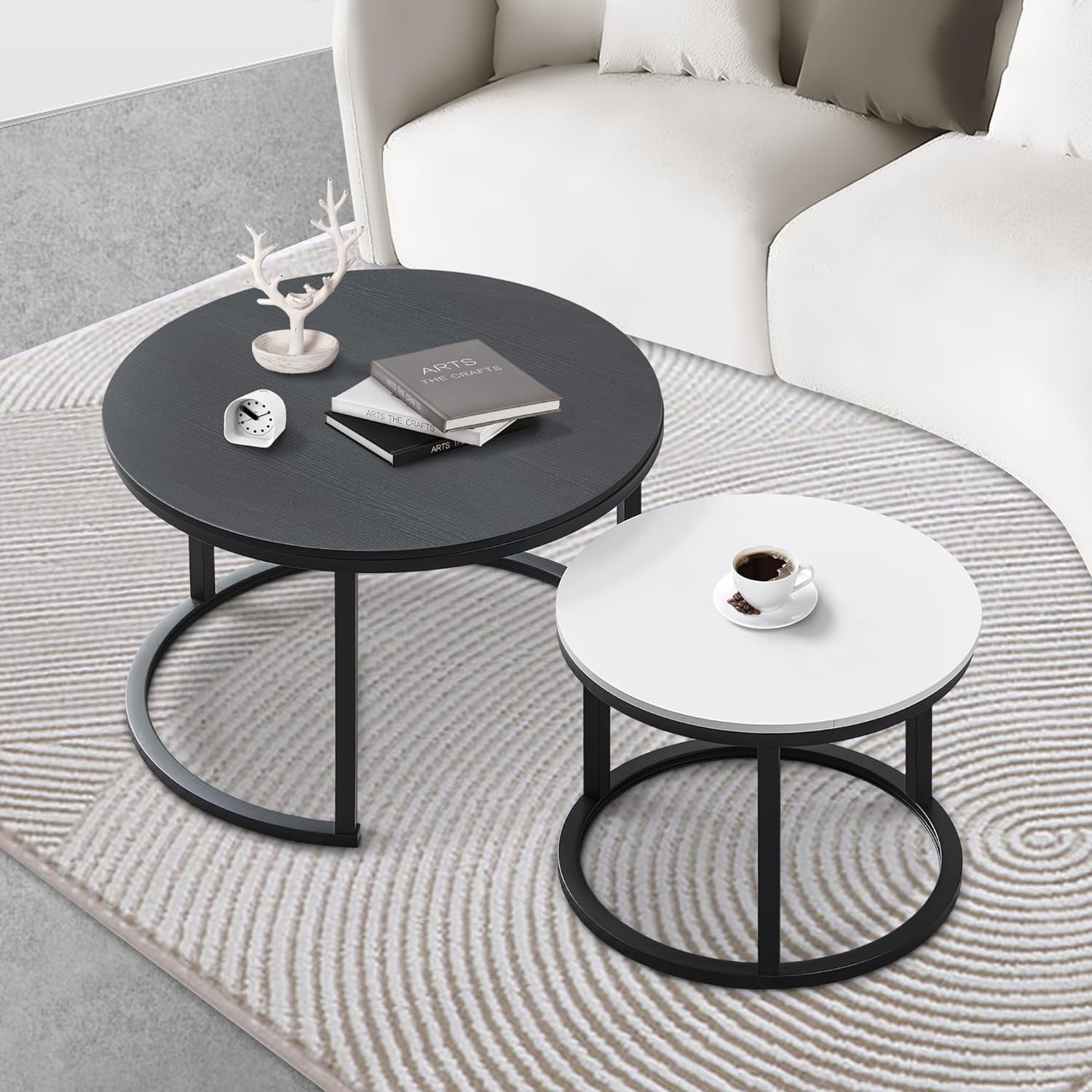 MASAKA B&W 27.5 Inch Round Wood Tables 2 Pack, Small Coffee Tables for ...
