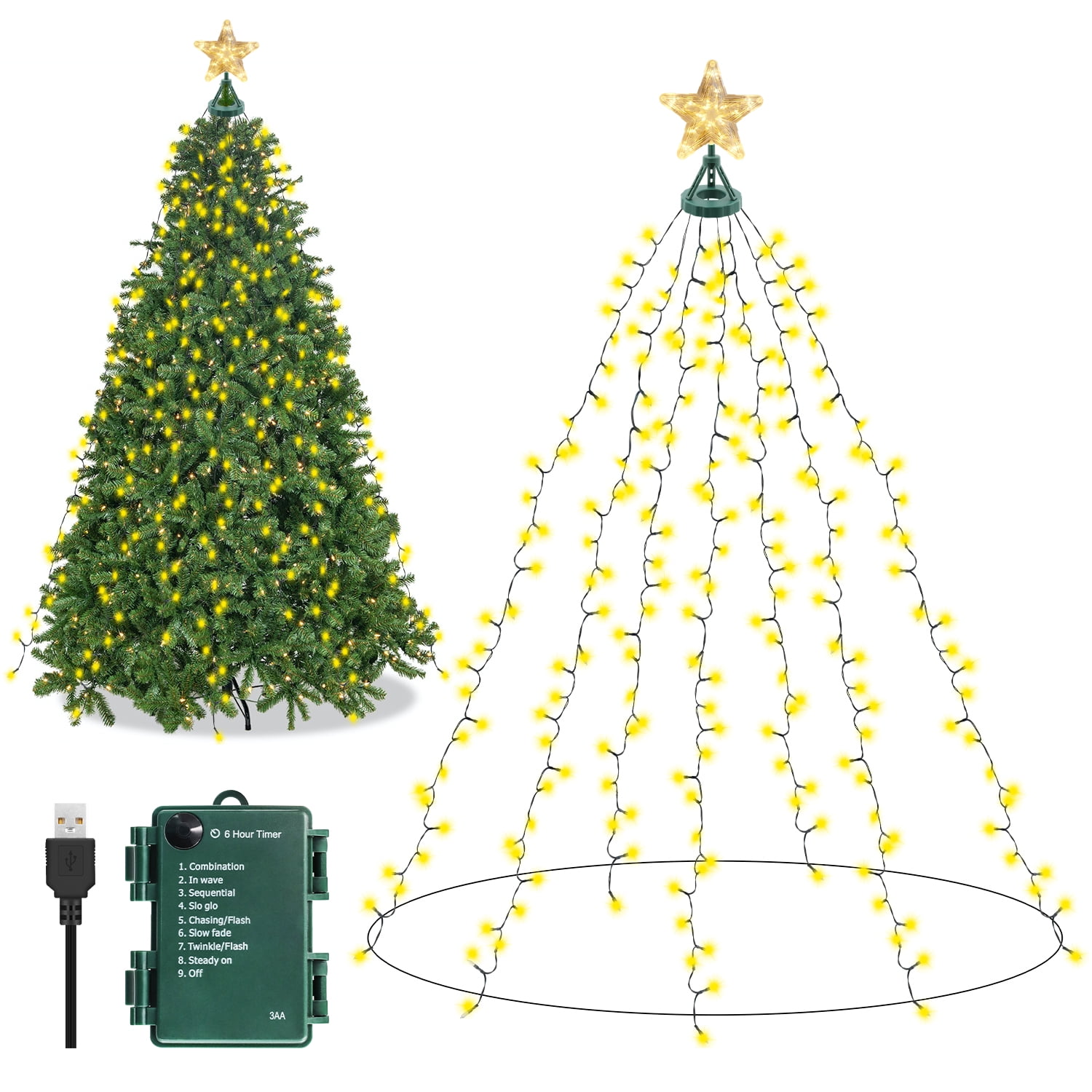 MASHANG Christmas Lights, 300 LED, Star Topper, Warm White, 7 Strands ...
