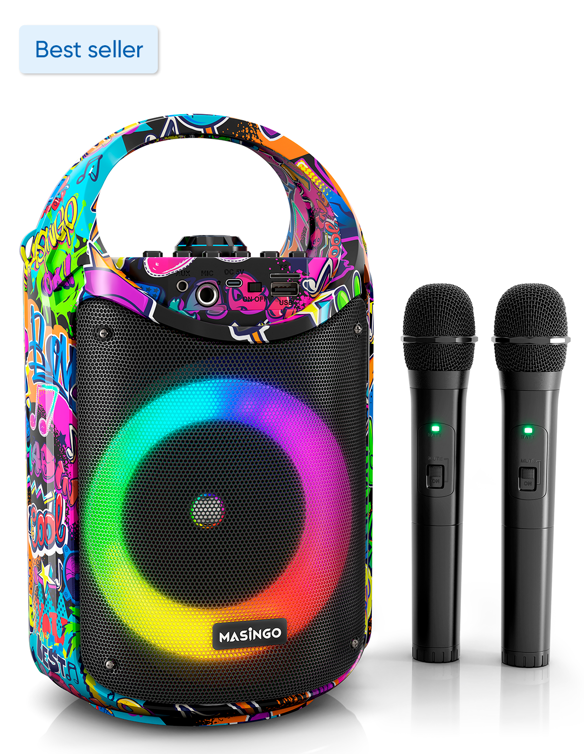 MASINGO Bluetooth Karaoke Machine with 2 Wireless Mics, LED Party ...