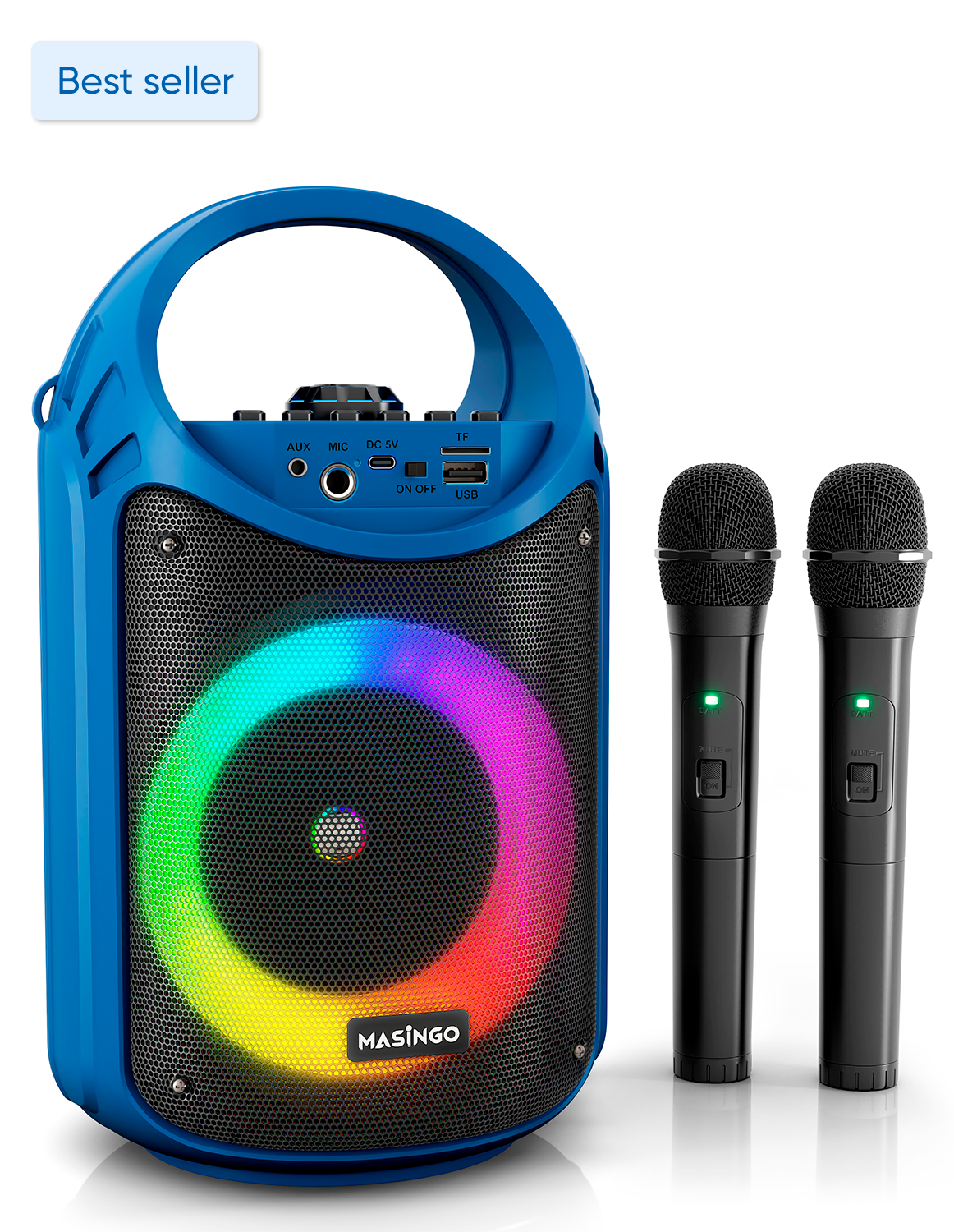 MASINGO Bluetooth Karaoke Machine, 2 Wireless Microphones, LED Lights ...