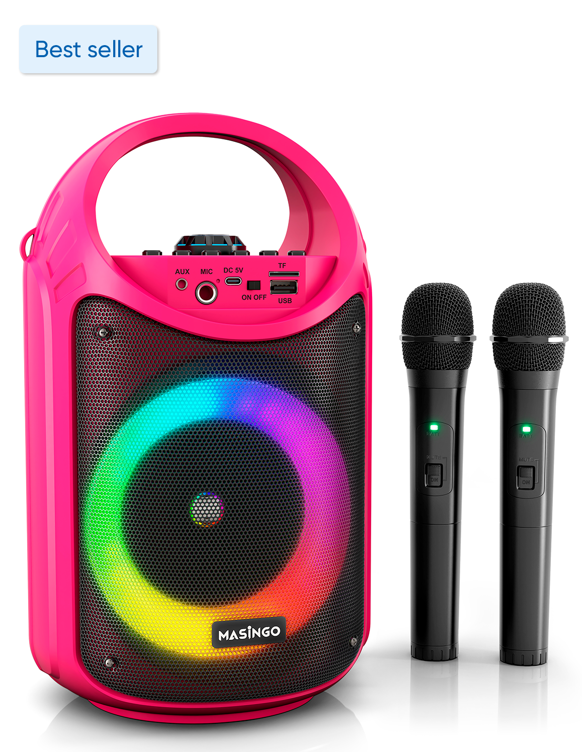 MASINGO Portable Bluetooth Karaoke Machine with 2 Wireless Mics, LED ...