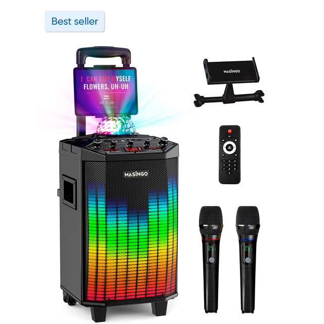 MASINGO Karaoke Machine with Wheels, Bluetooth, 2 Microphones. Portable ...