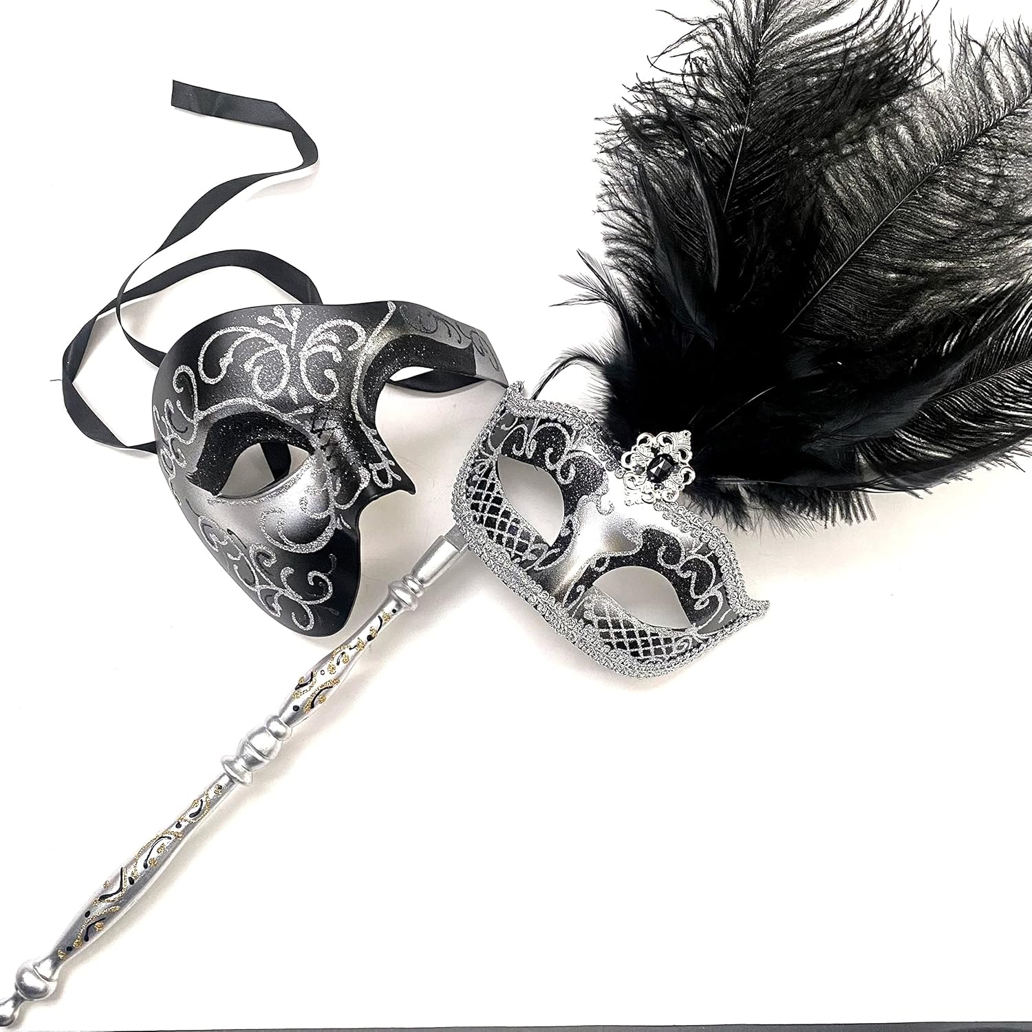 MASQ Black Masquerade Phantom Feather Stick Mask Feather Halloween ...