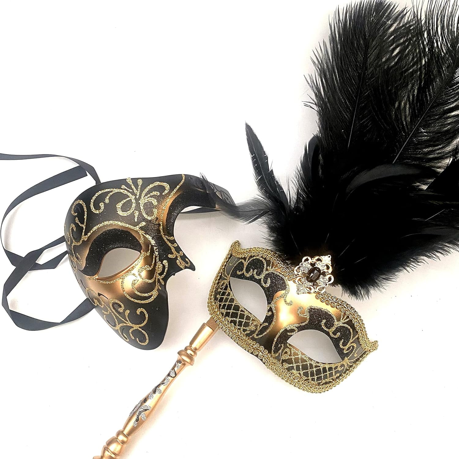 MASQ Black Masquerade Phantom Feather Stick Mask Feather Halloween ...