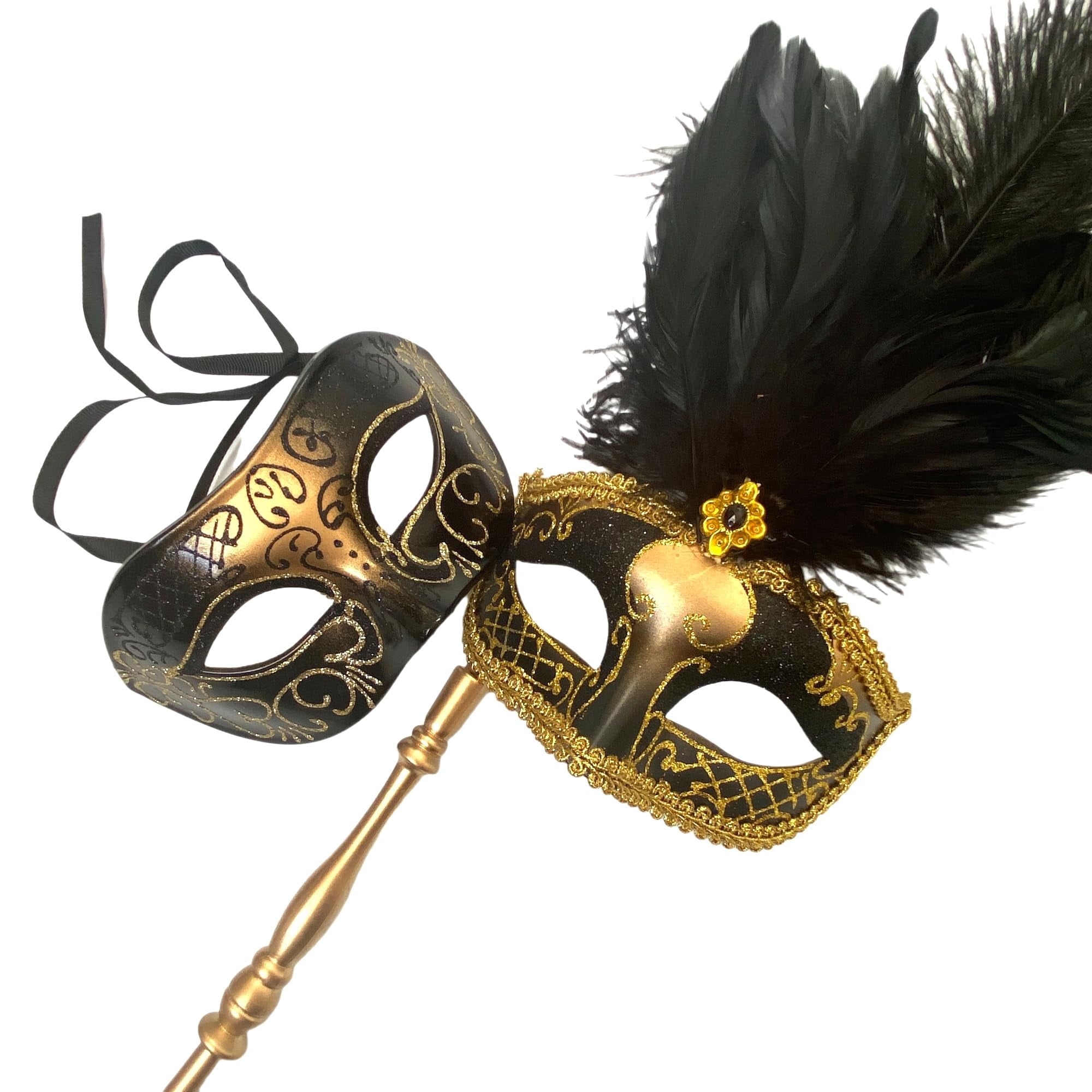 MASQ Couples Black Masquerade Stick Feather Mask with Handle Cosplay ...