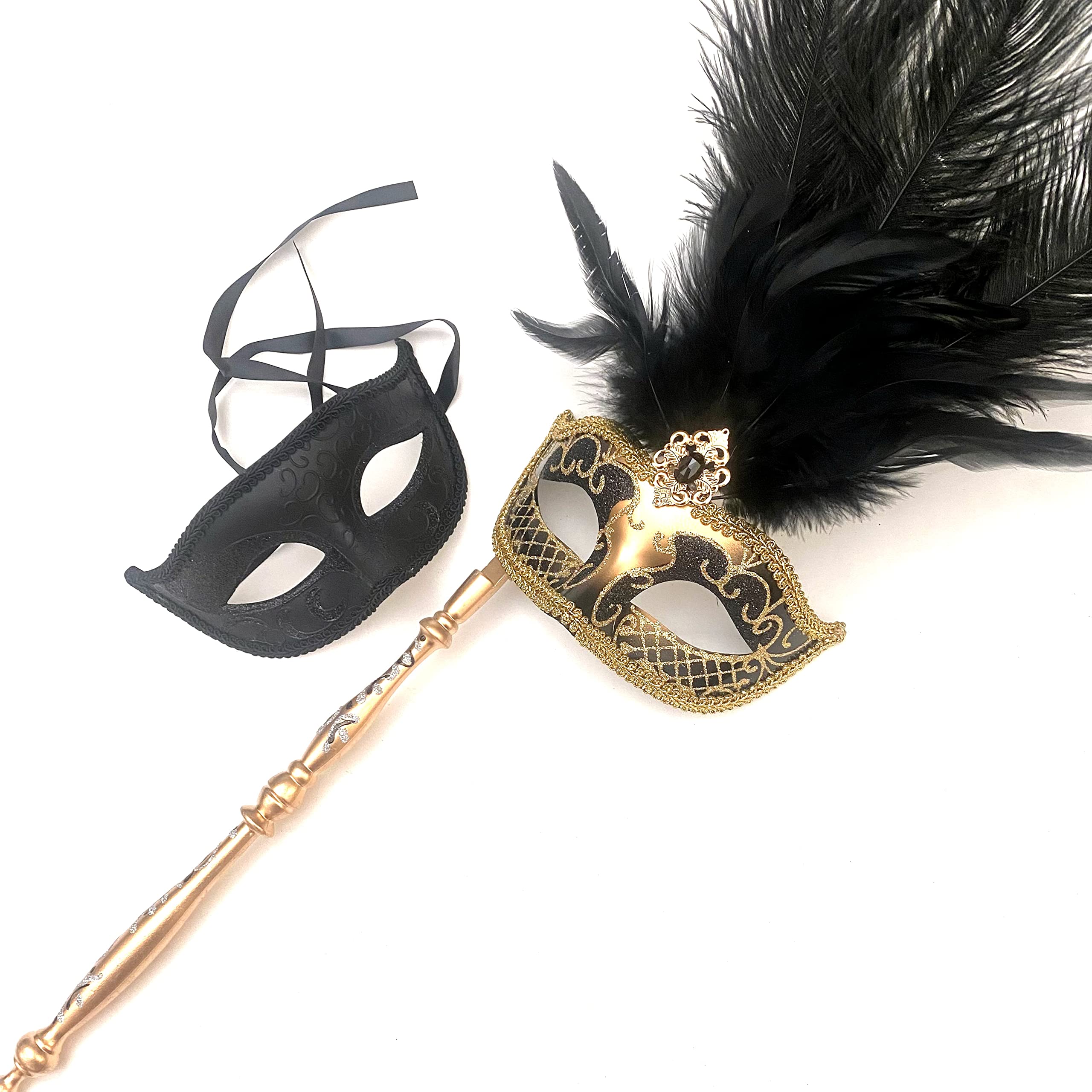 MASQ Couples Black Masquerade Stick Feather Mask with Handle Cosplay ...