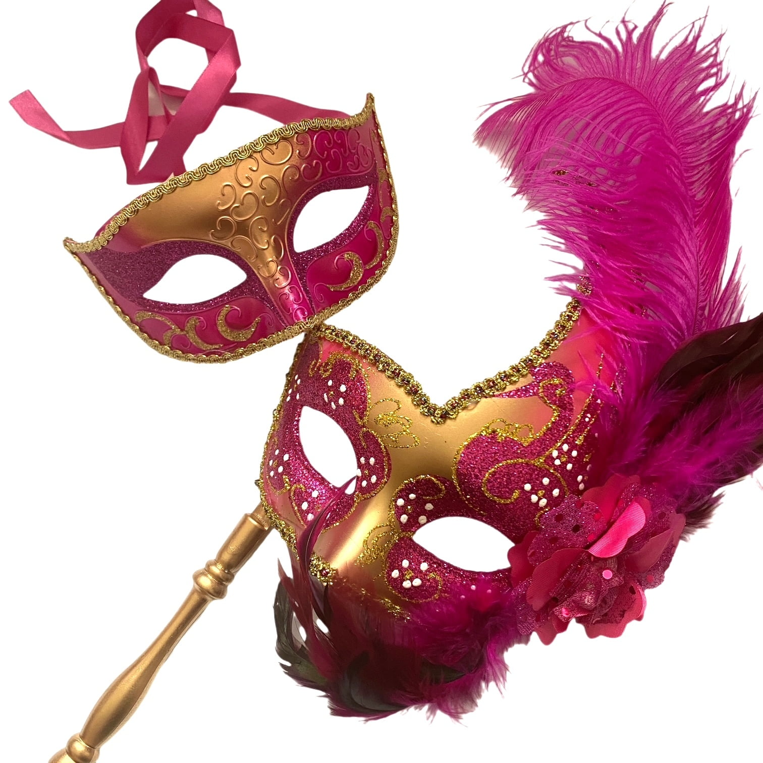 MASQ Masquerade ball stick mask Pair Detachable Handle Ostrich Feather ...