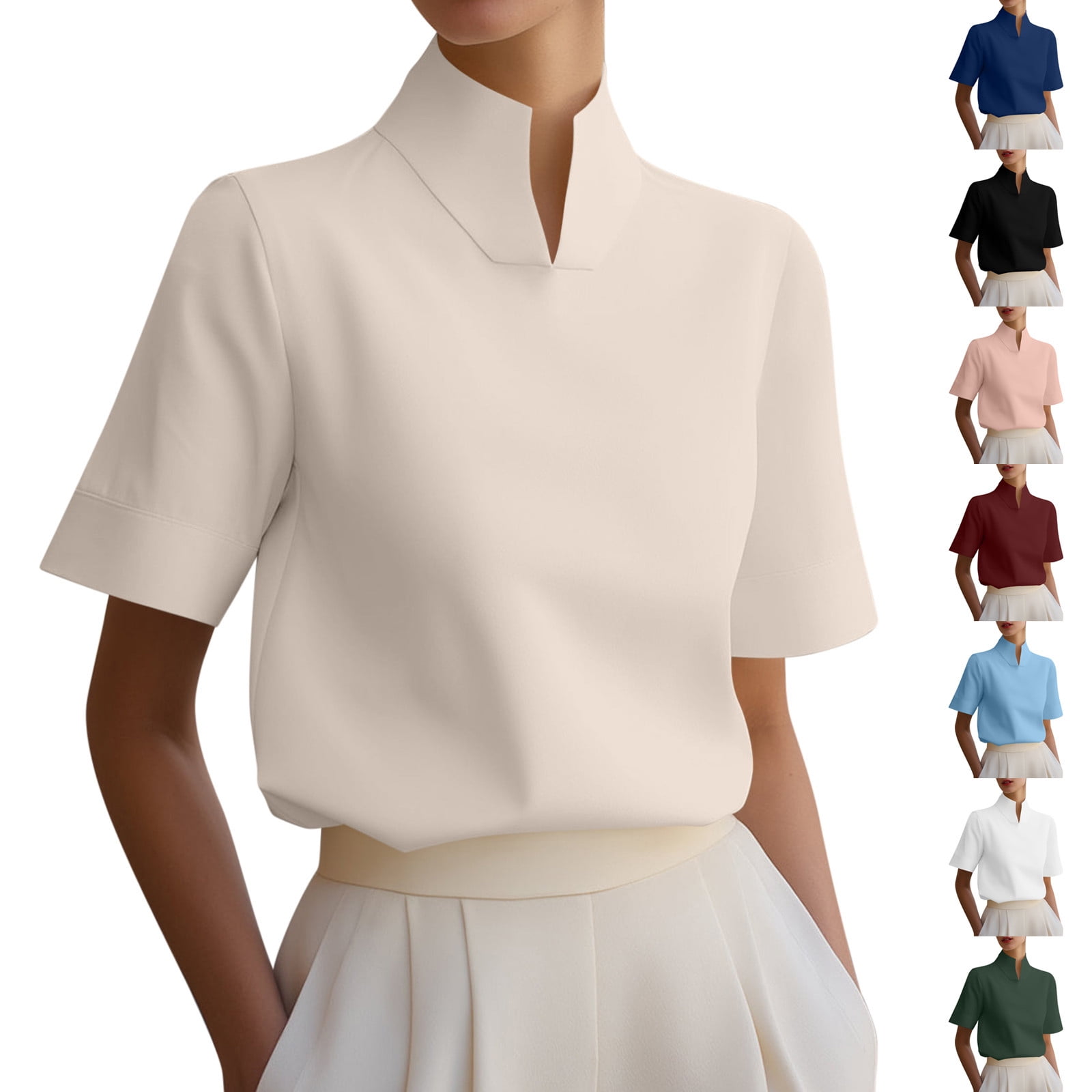 MASRIN Women's Stand Collar Split Neck Short Sleeve Tops Casual Elegant ...