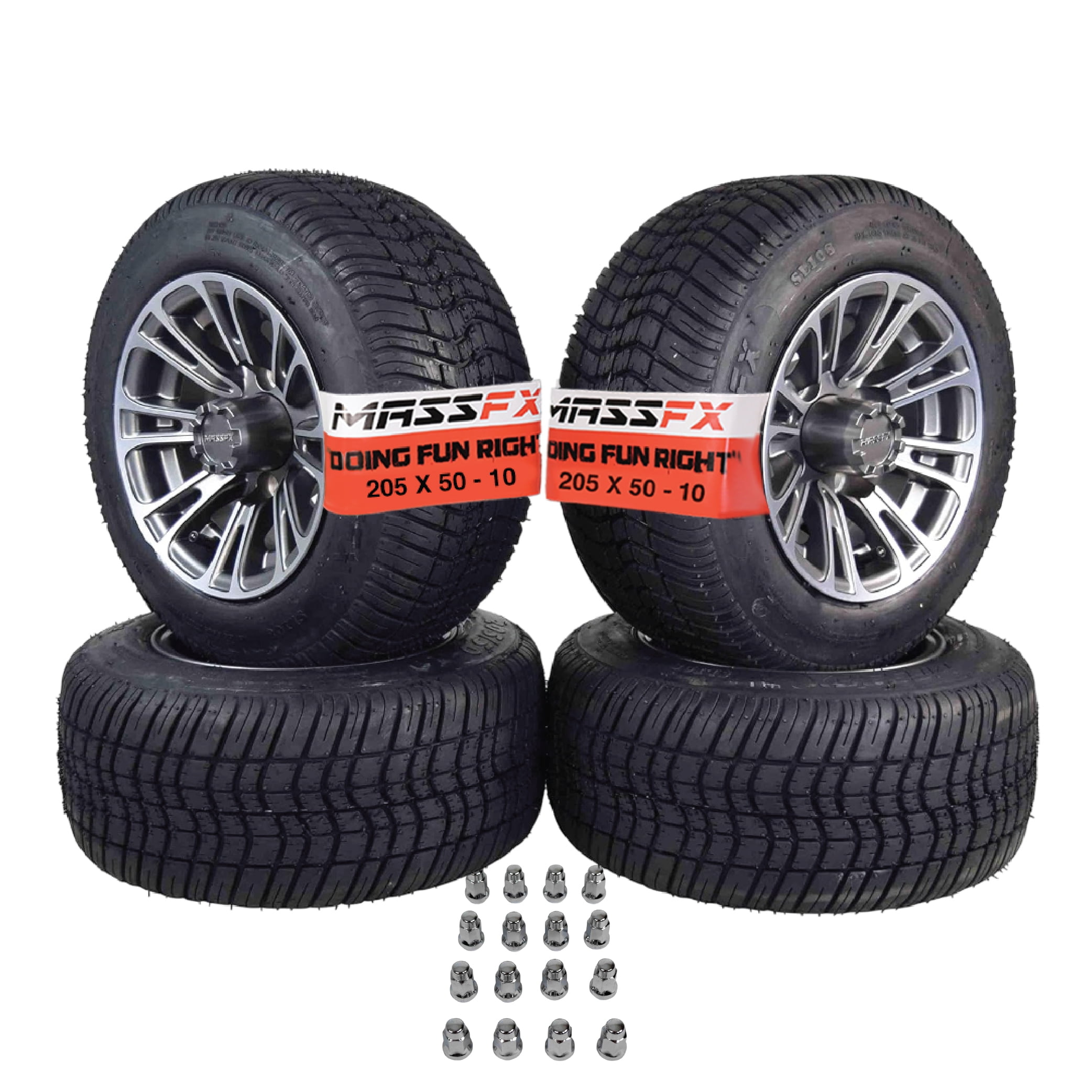 MASSFX SL 205/50-10 F/R Golf Cart, QUAKE 4 Gry Wheels 10x7 4/101.6 & 16 ...