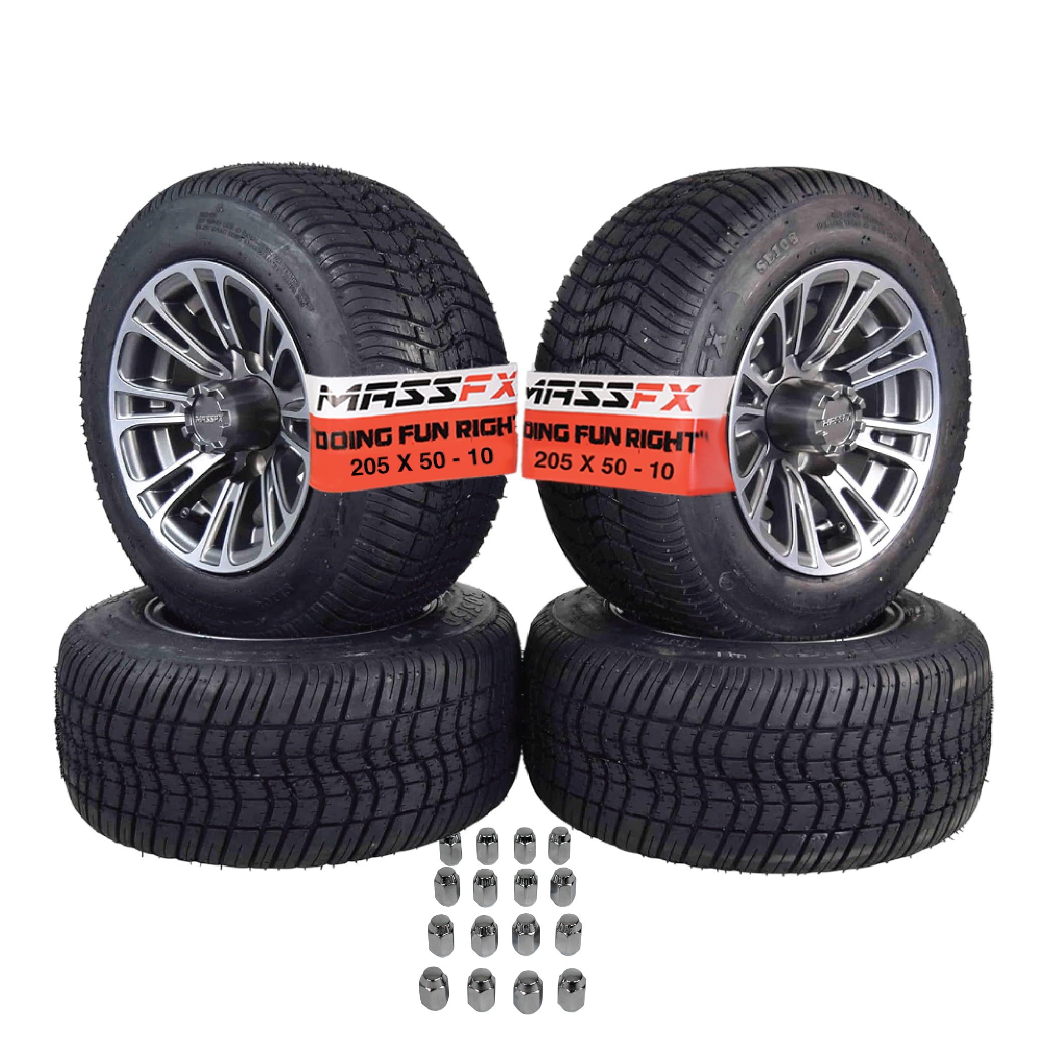MASSFX SL 205/50-10 F/R Golf Cart, QUAKE 4 Gry Wheels 10x7 4/101.6 & 16 Chr Lugs - Walmart.com