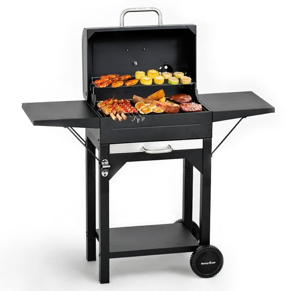 MASTER COOK Charcoal Grill with Two Side Tables, BBQ Grill for Outdoor ...