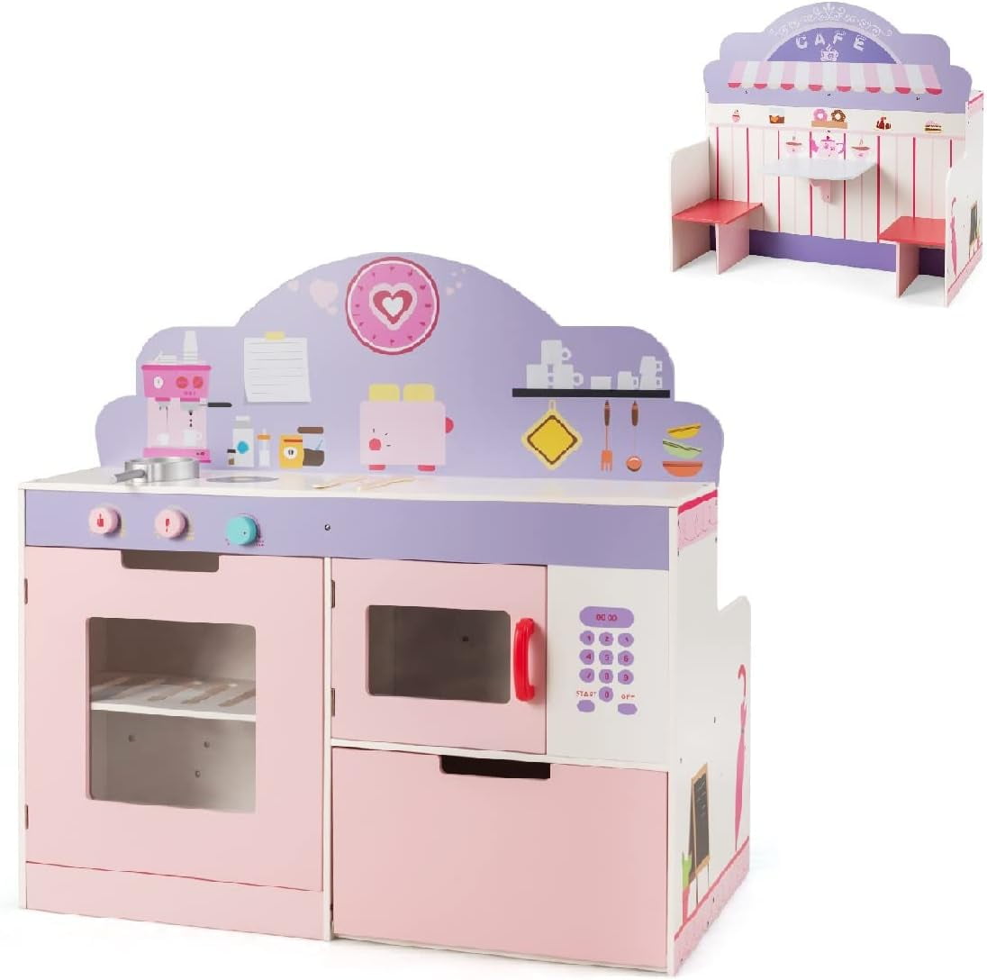 MAT EXPERT Kids Kitchen Playset with Café,2 in 1 Double-Sided Children ...