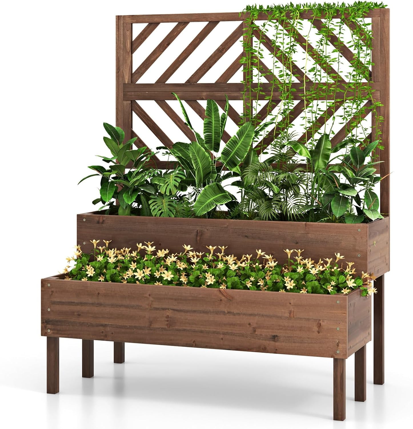 MAT EXPERT Raised Garden Bed with Trellis, 2-Tier Wood Planter Box with ...