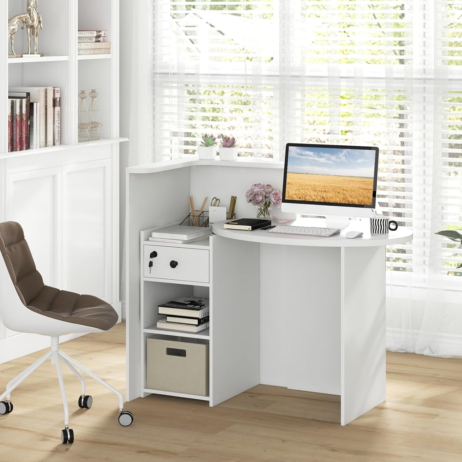 MAT EXPERT Reception Desk with Open Shelves & Lockable Drawer - Retail ...