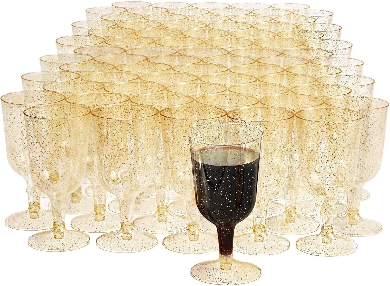 MATANA 50 Gold Glitter Goblet Plastic Wine Glasses, Elegant Disposable ...