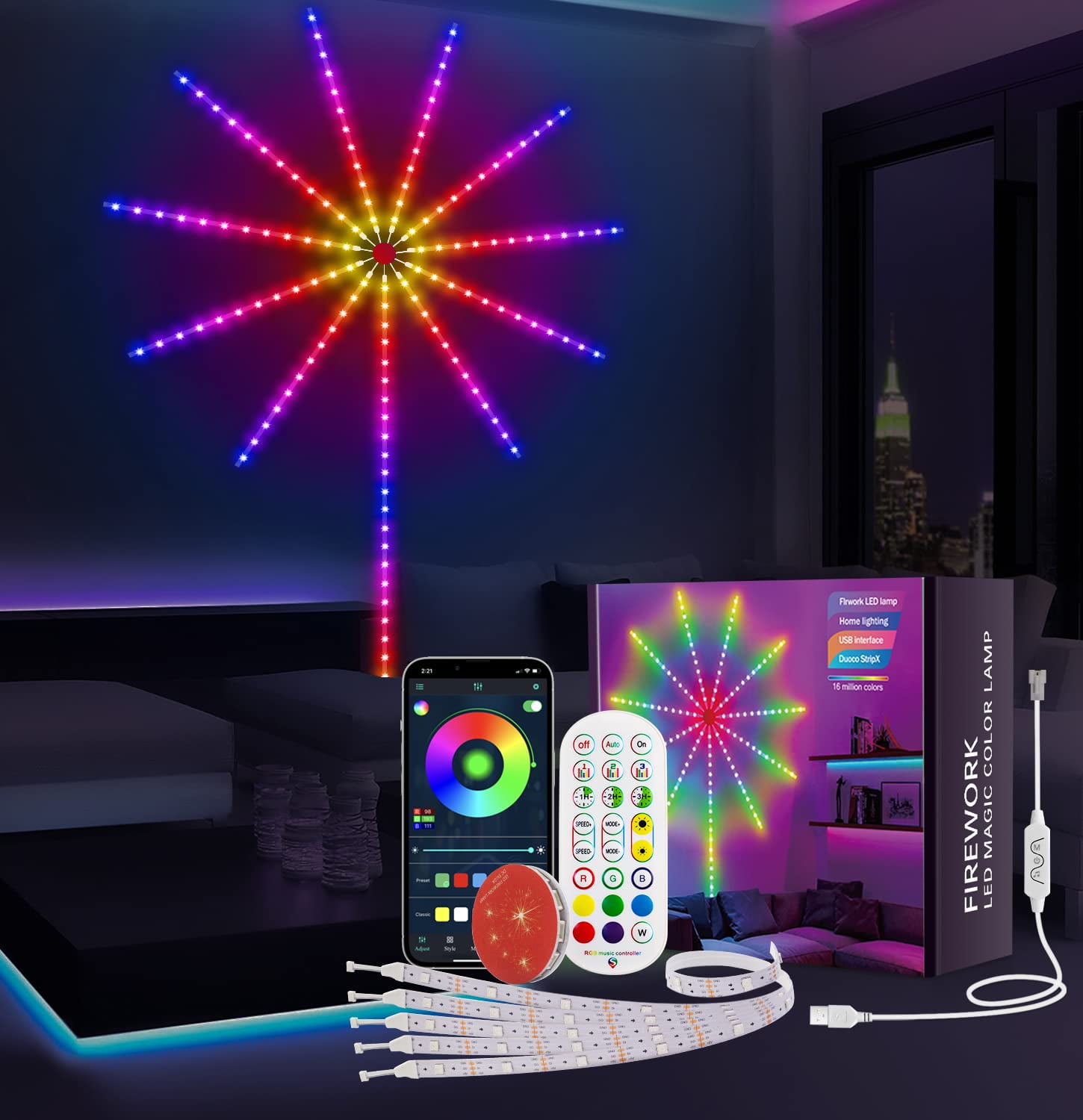 MATICOD Smart Firework Led Lights USB Powered Room Color Changing ...