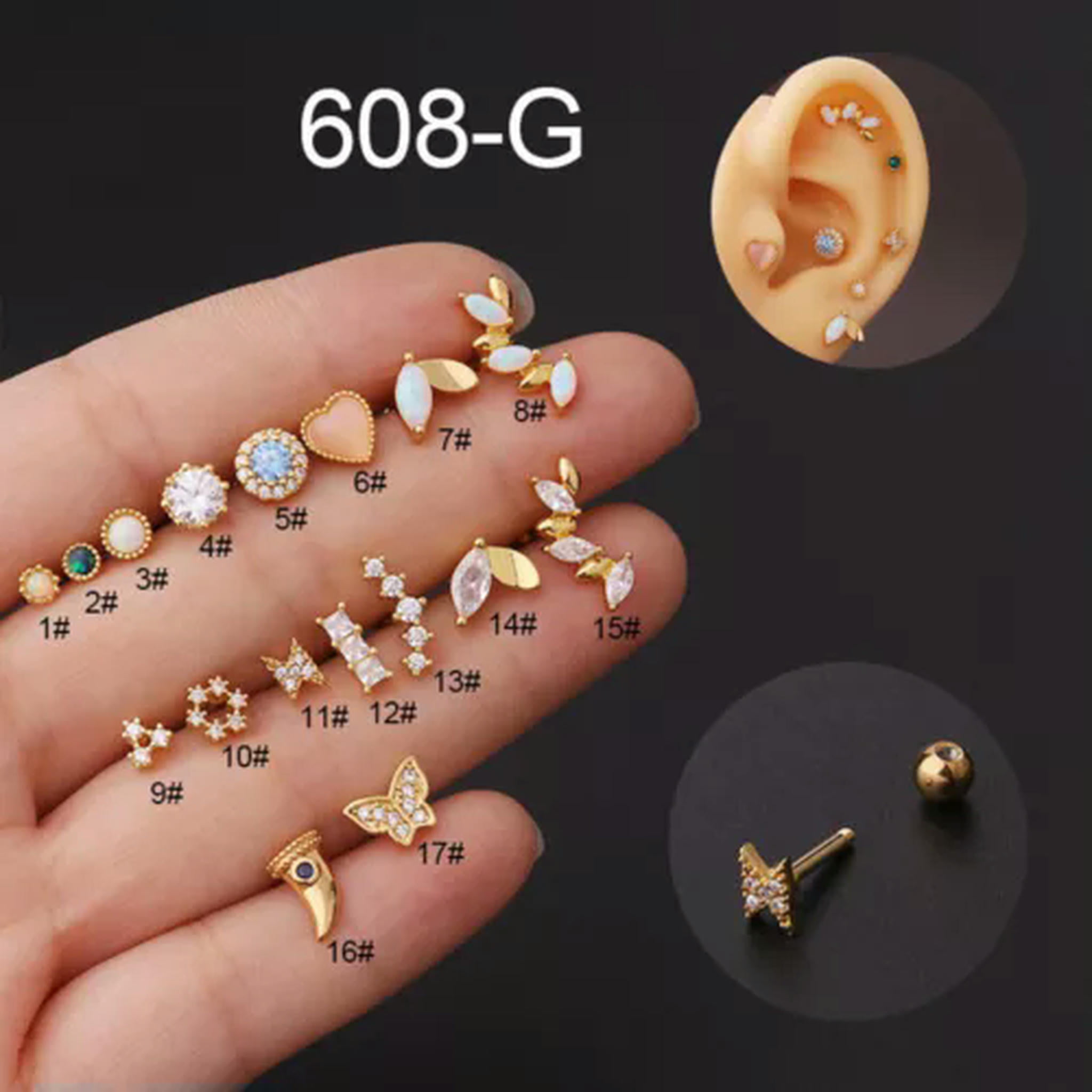 MATROOY 16G 6mm Crystal Tragus Helix Cartilage Studs BAR Screw in Earrings Labret Monroe-gold-14 ...