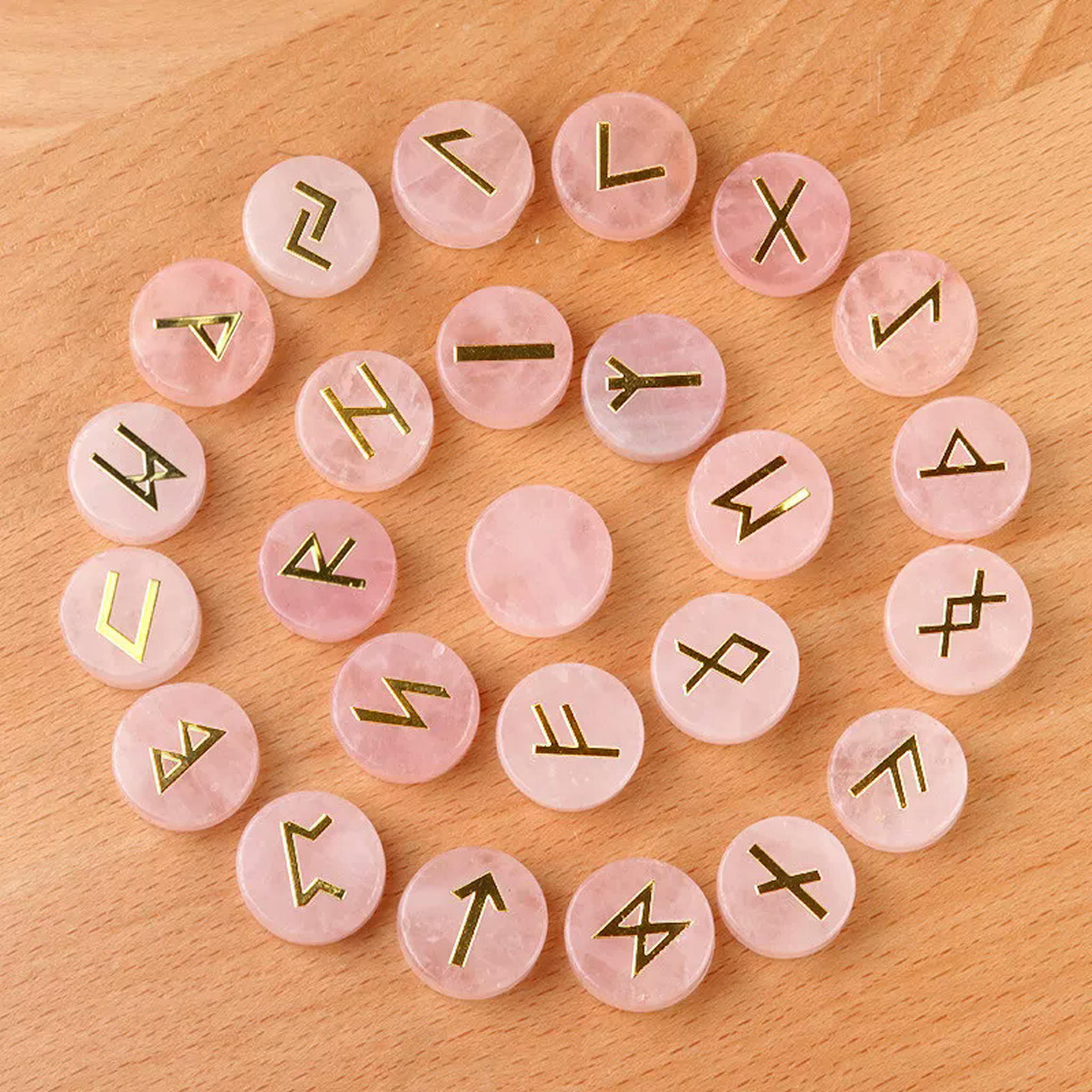 MATROOY 25pcs Rose Quartz Stone Rune Crystal Set Elder Futhark Reiki ...