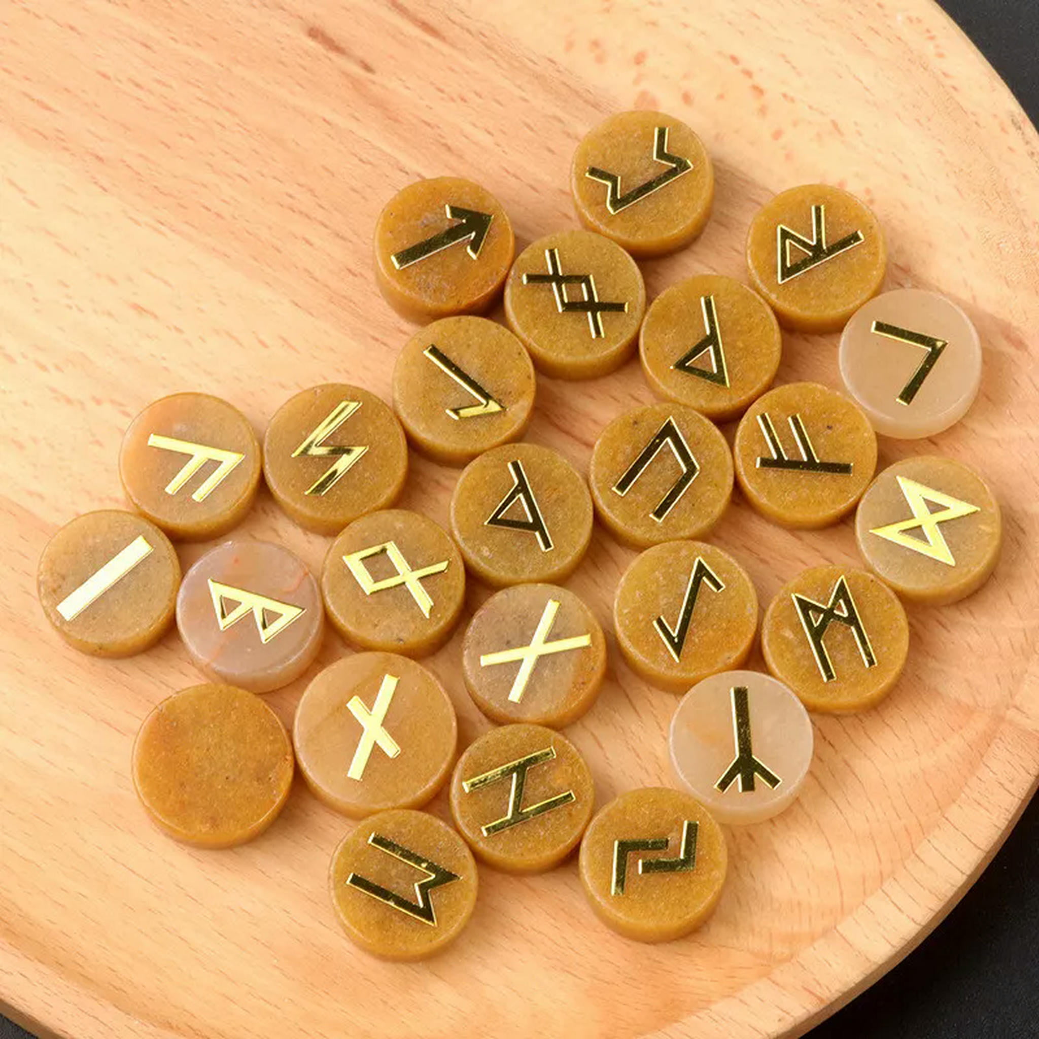 MATROOY 25pcs Yellow Jade Stone Rune Crystal Set Elder Futhark Reiki ...