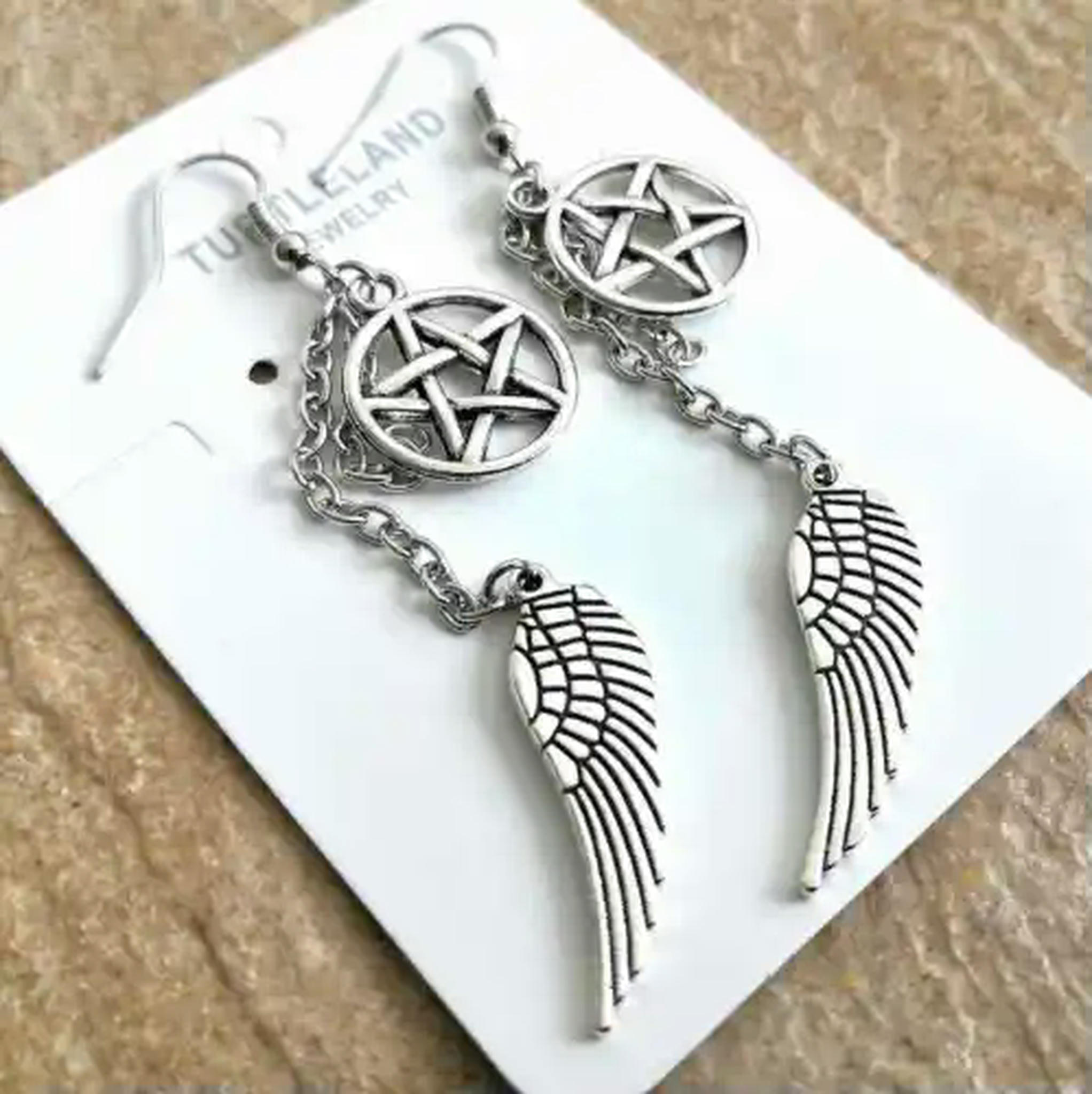 MATROOY Angel Wings Feather Pentagram Star Magic Amulet Earrings ...