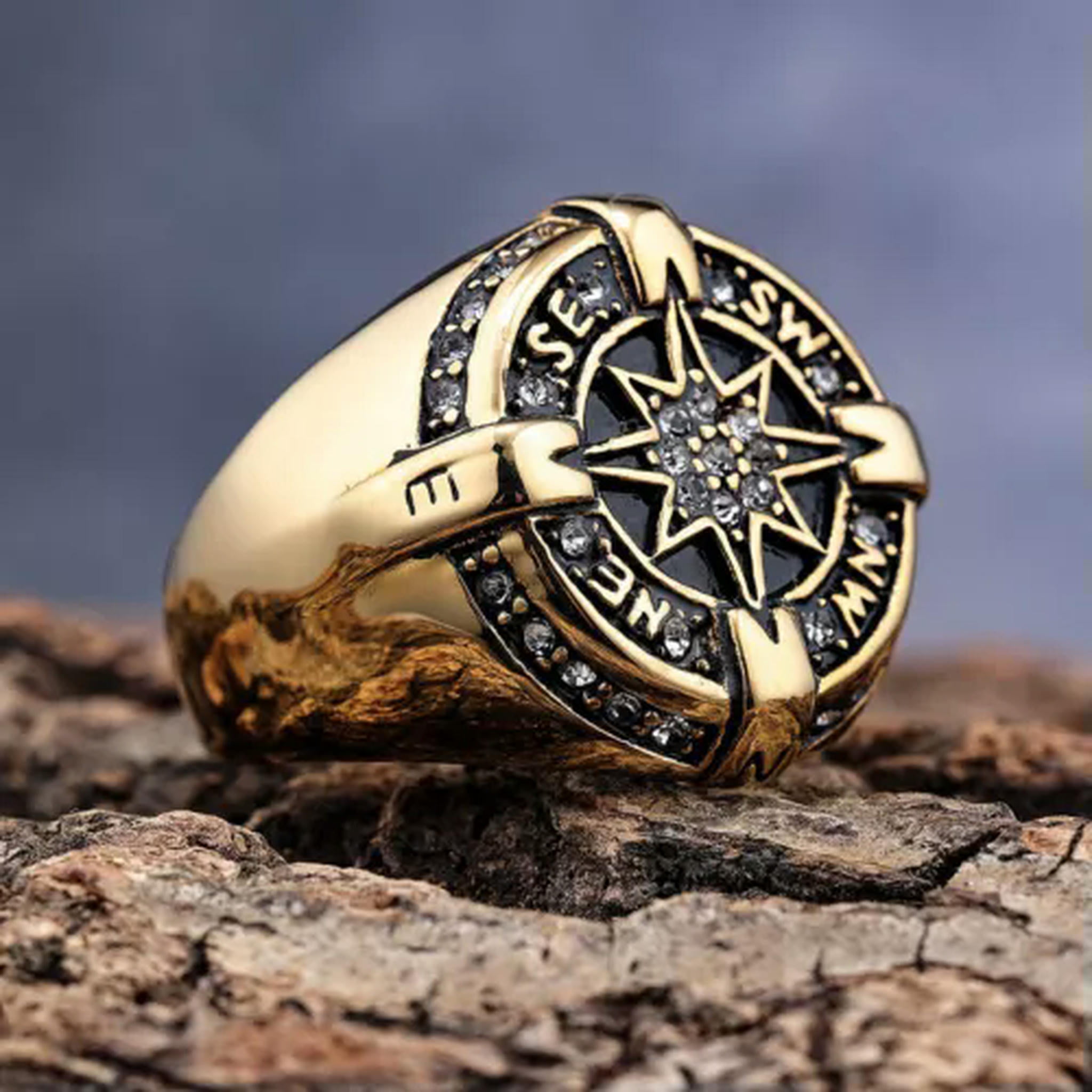 MATROOY Compass Crystal Zircons Ring Retro Punk Biker Pirate Compass ...