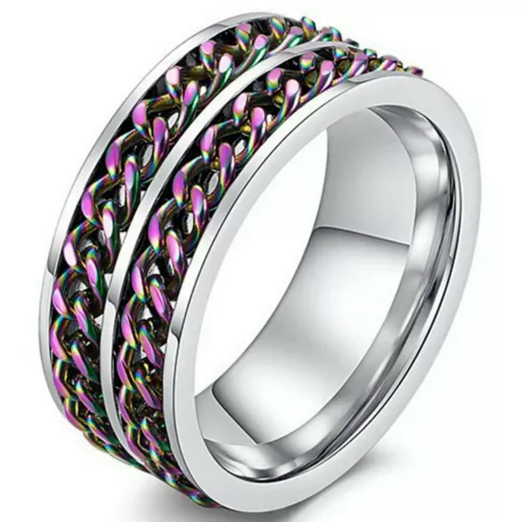 MATROOY Double Rainbow Chain Spinner Ring Stainless Steel Anti-Anxiety ...