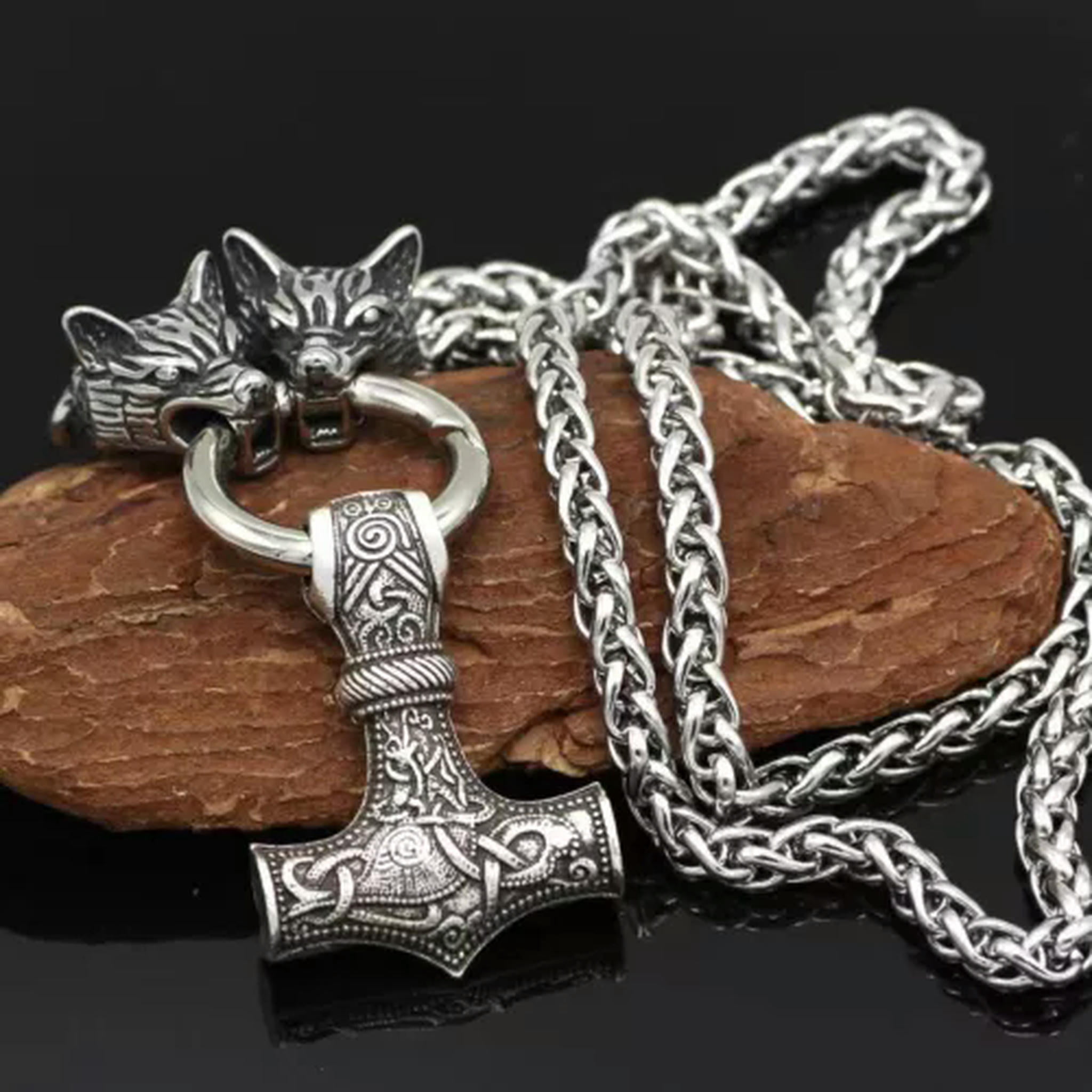 MATROOY Men' Norse Viking Wolf &Thor Necklace Chain, Charm, Pendant ...