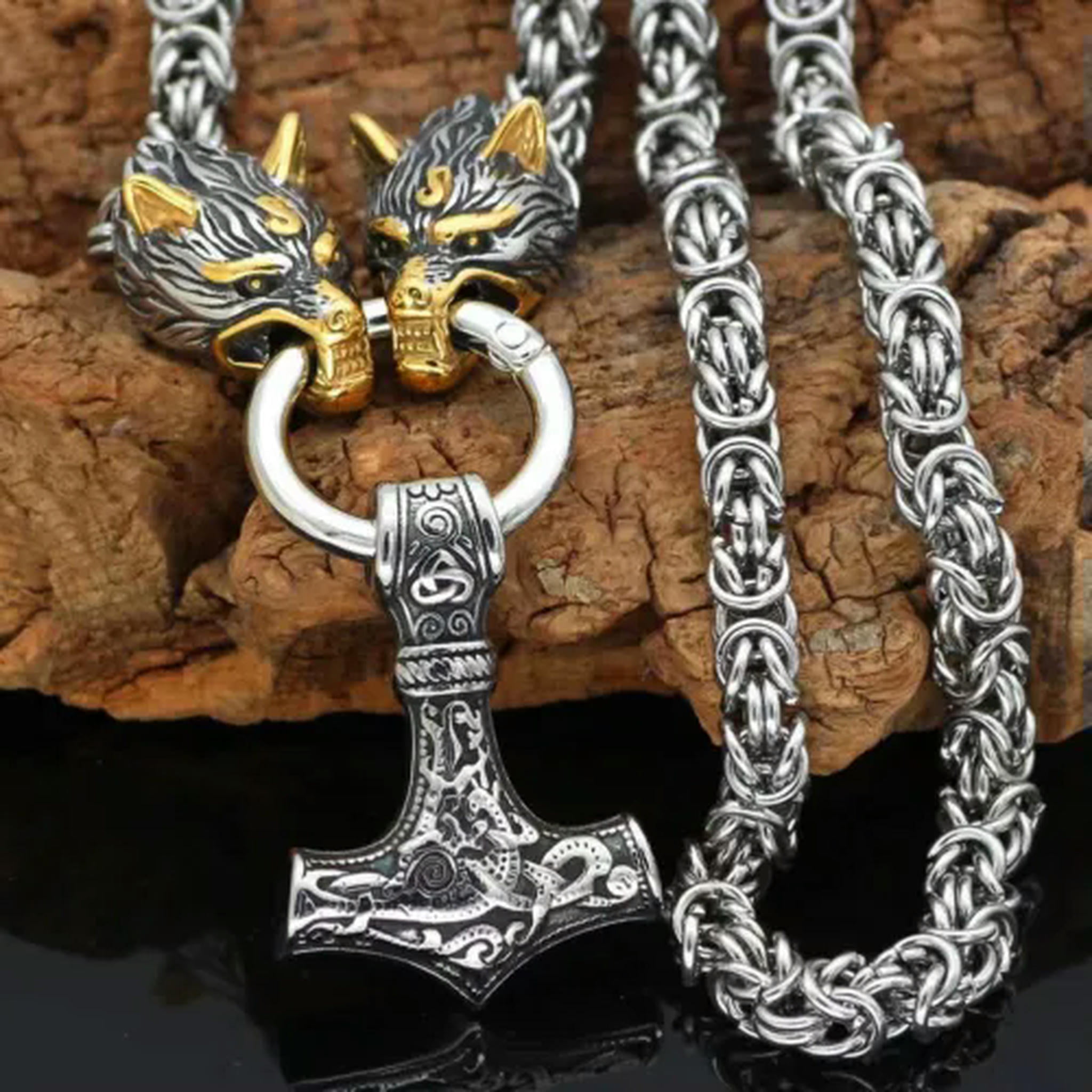 MATROOY Men's Viking Wolf &Thor Necklace Chain, Charm, Pendant Hammer ...