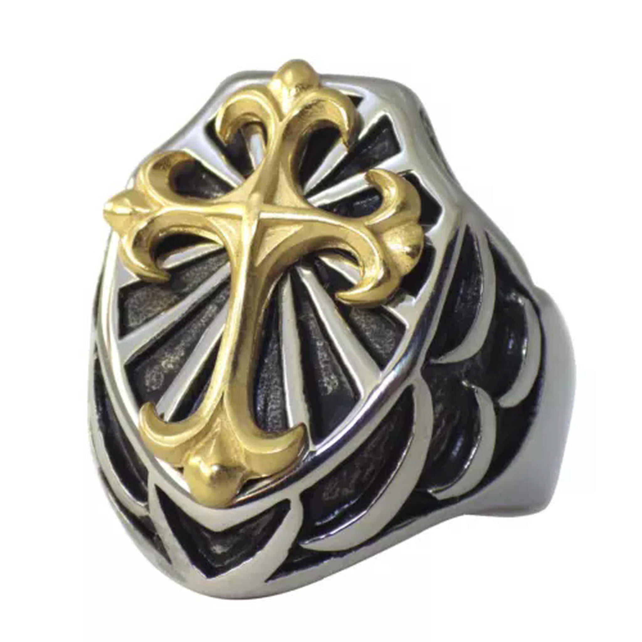 MATROOY Mens Gold Cross Shield Ring Surgical Stainless Steel Costume ...