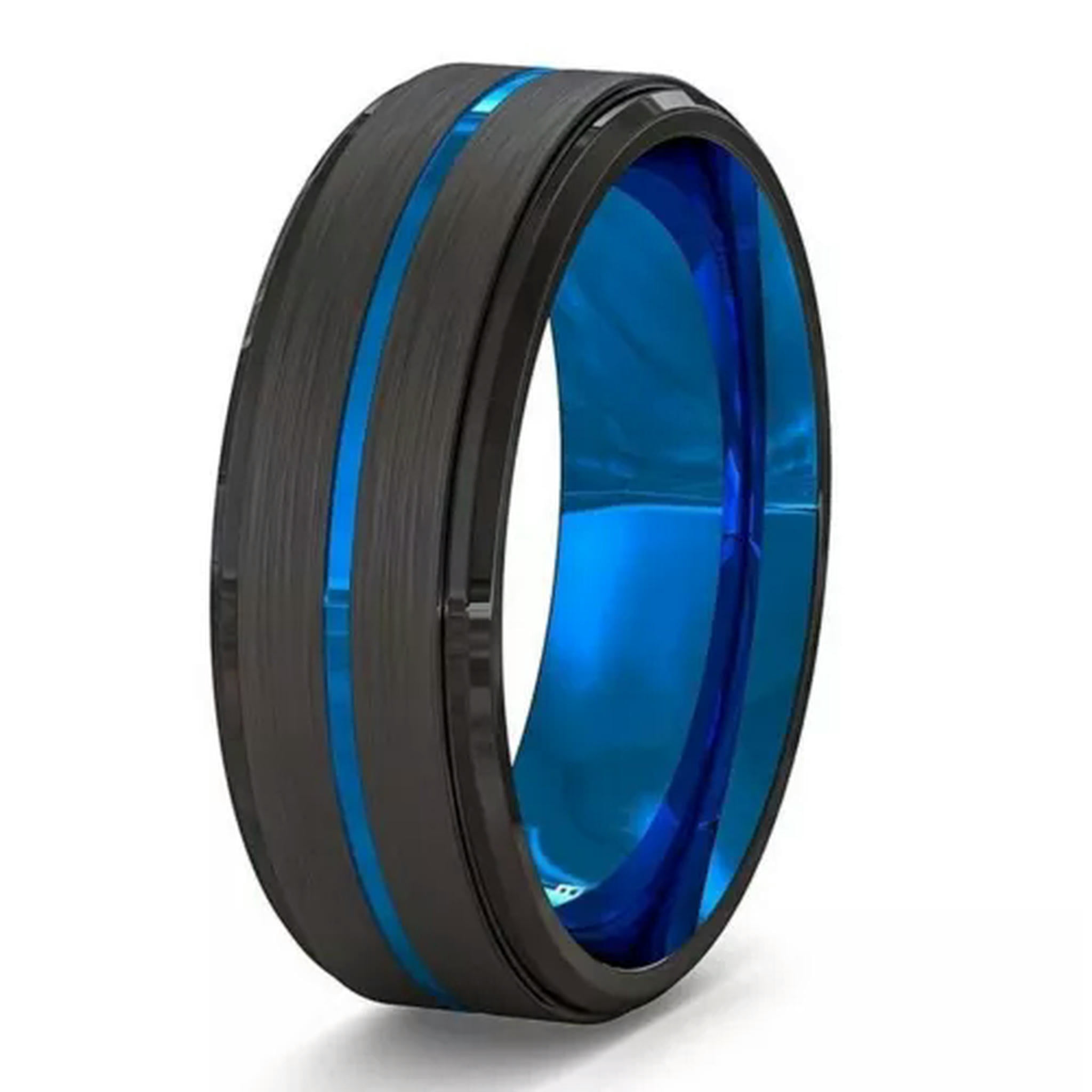 MATROOY Minimalist Dark Navy Blue Ring Stainless Steel Black Wedding ...