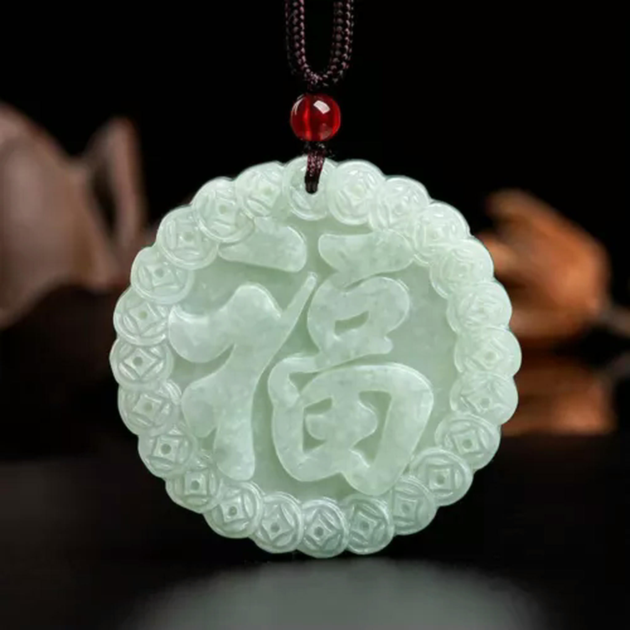 MATROOY Natural Grade A Jade Jadeite Lucky Coin Chinese Character Fu 福 ...