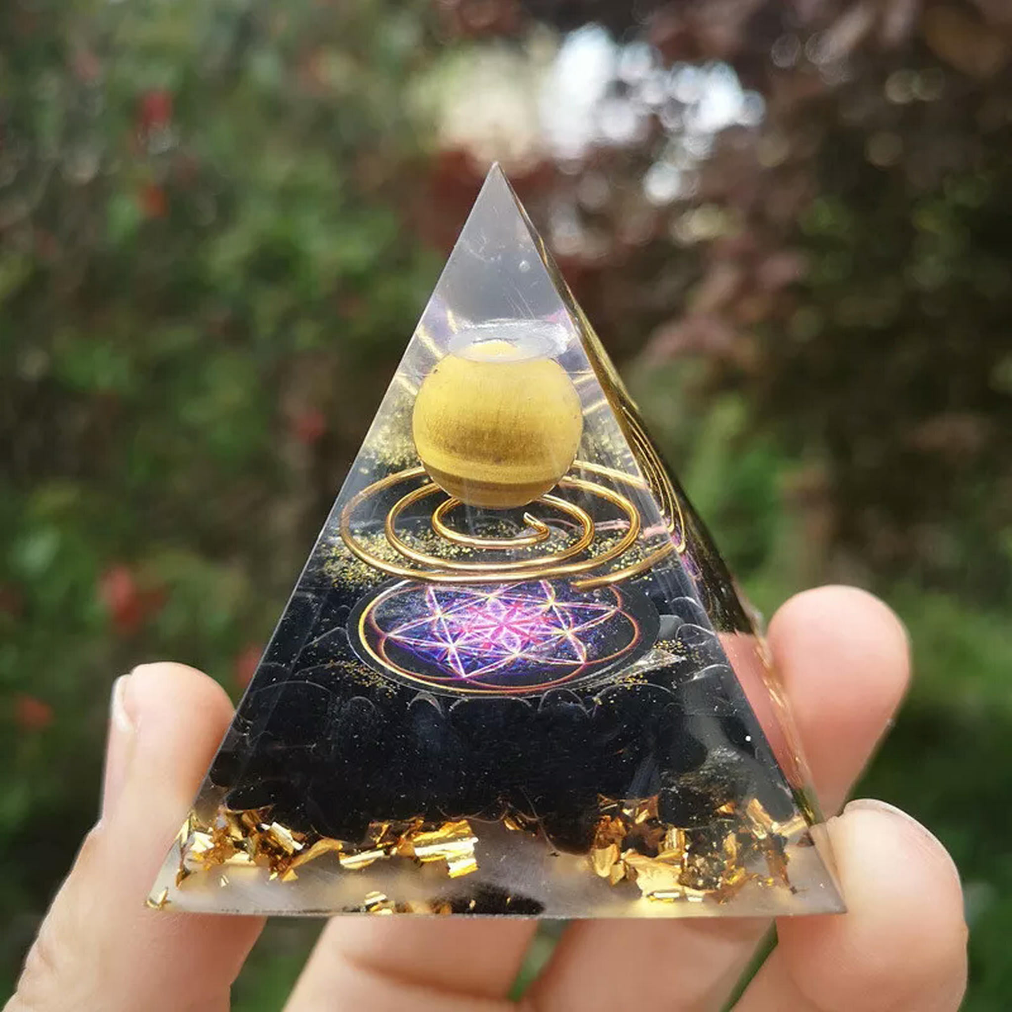 MATROOY Orgonite Pyramid Smoky Crystal Sphere With Obsidian Reiki Energy Healing Orgone ...