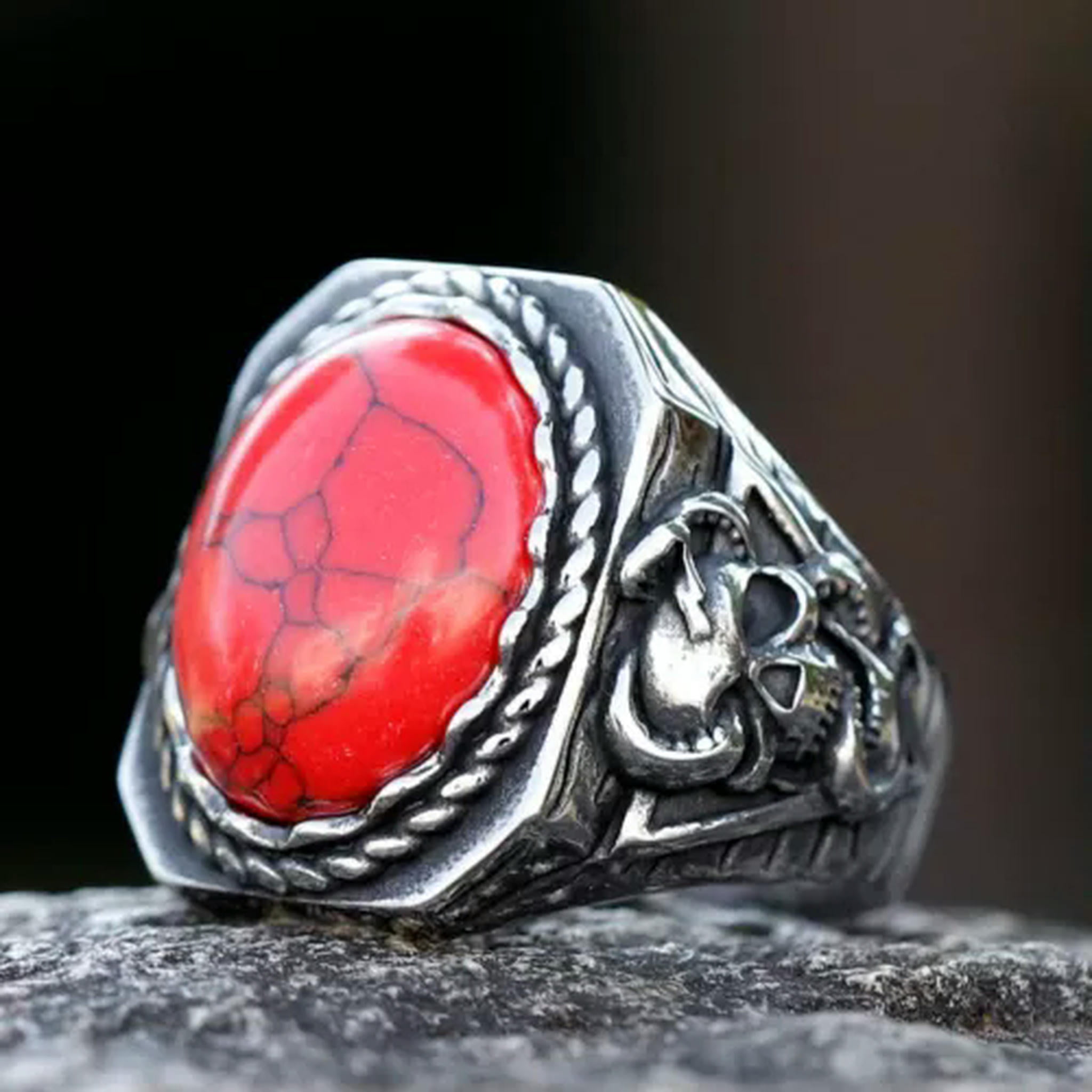 MATROOY Vintage Red Blue Turquoise Skull Indian Tribal Stainless Steel ...