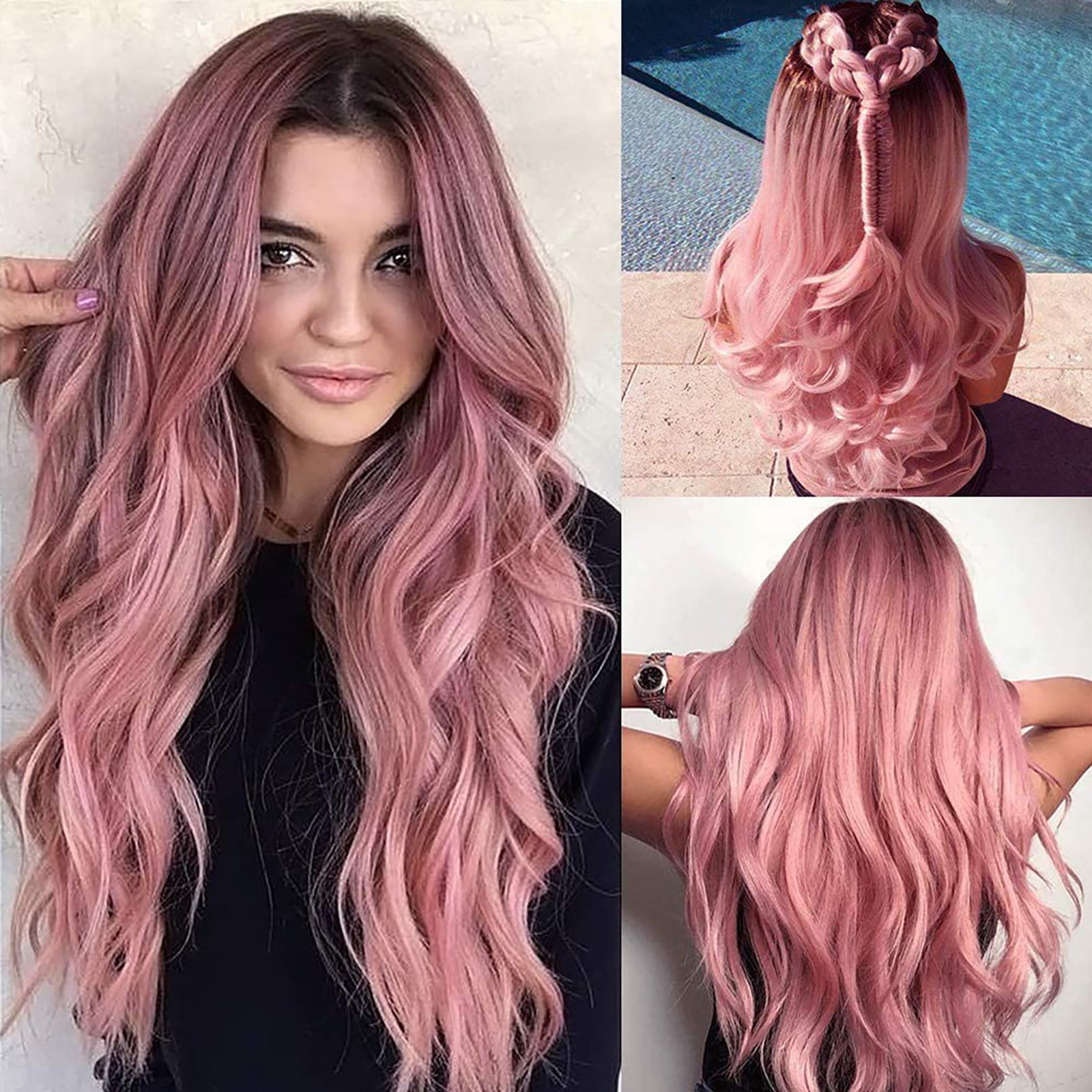 MAUXDA Long Pink Wavy Wig for Women Ombre Pink Wig Dark Root 24 Inch ...