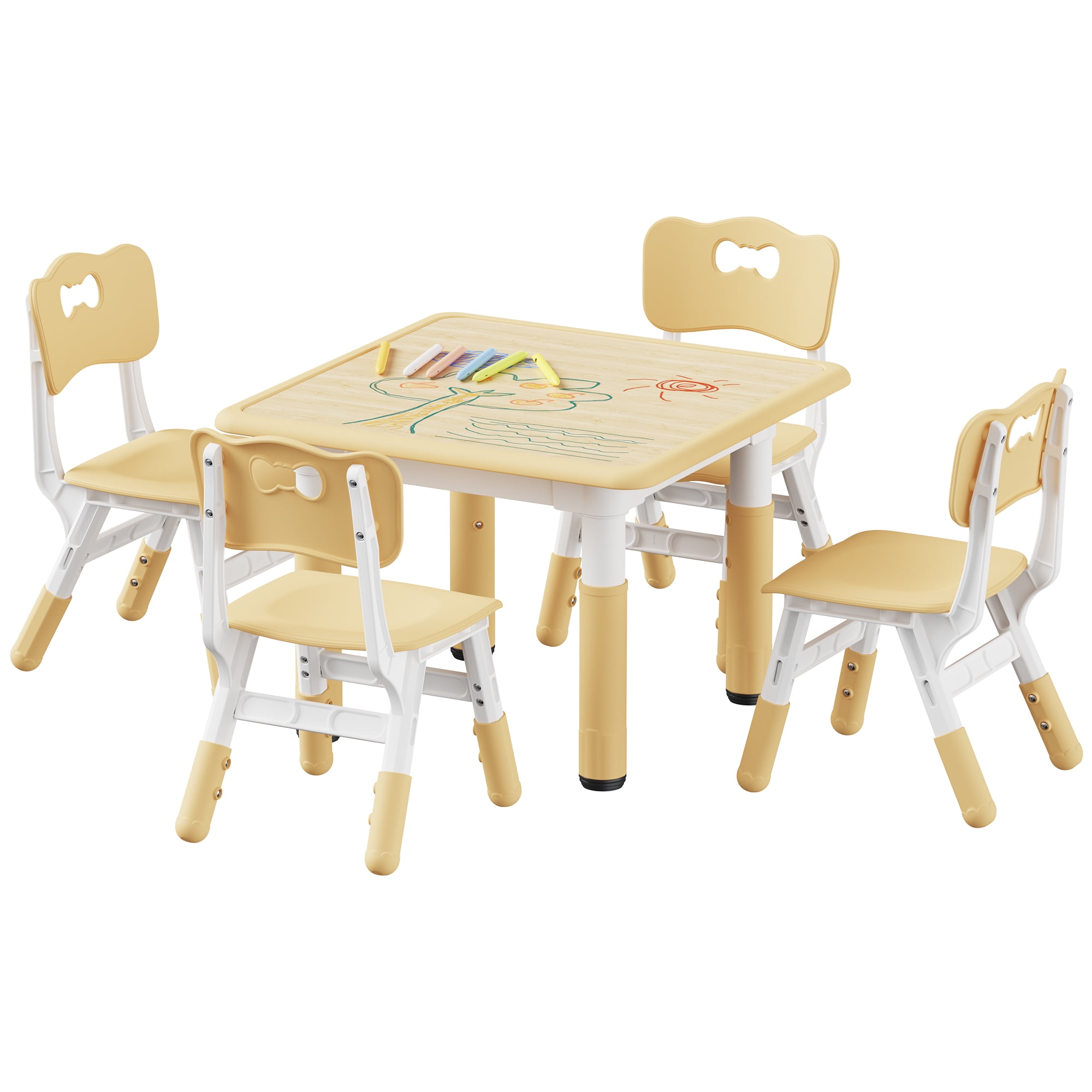 MAVINEX Adjustable Height Kids Table & 4 Chairs Set, Beige Wood Finish ...