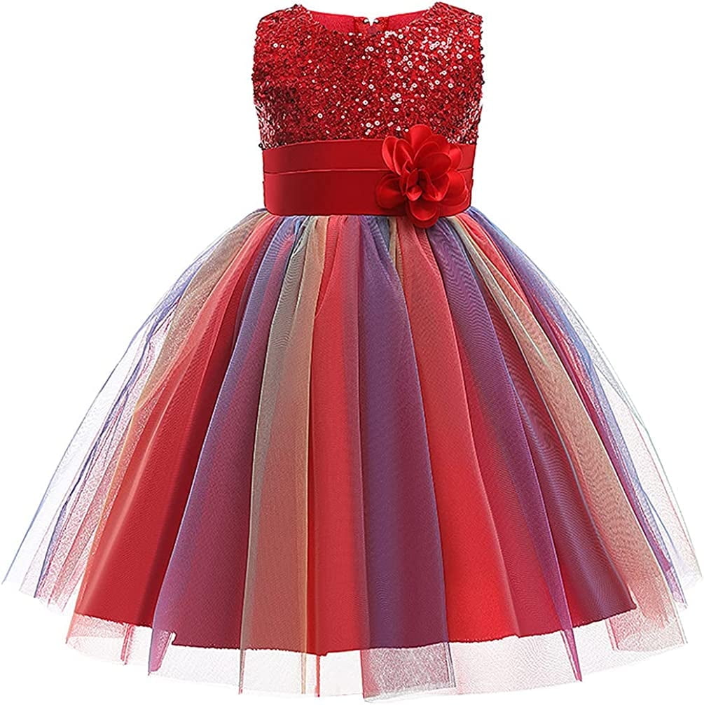MAVLLY Flower Girls Sequin Party Dress Rainbow Mesh Tulle Princess Lace ...