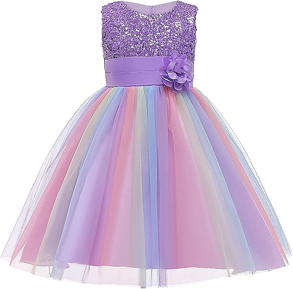 MAVLLY Flower Girls Sequin Party Dress Rainbow Mesh Tulle Princess Lace ...