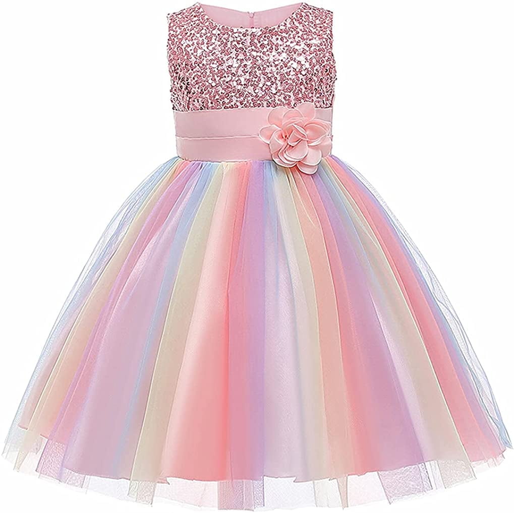 MAVLLY Flower Girls Sequin Party Dress Rainbow Mesh Tulle Princess Lace ...