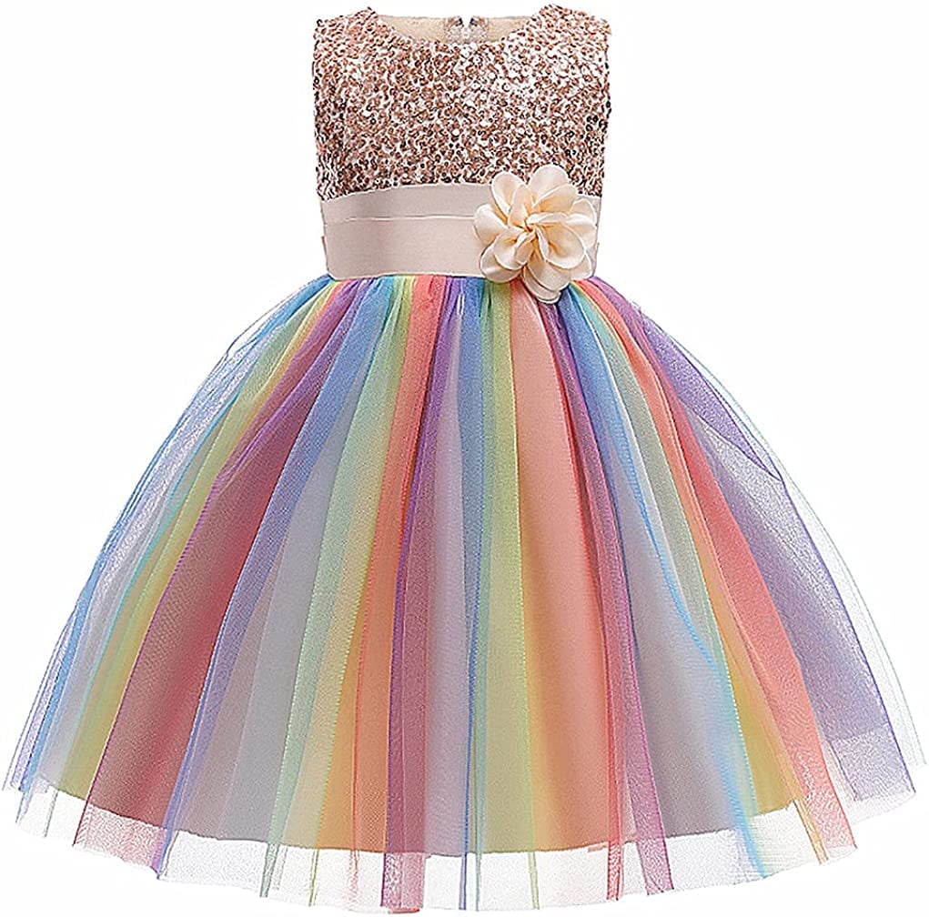 MAVLLY Flower Girls Sequin Party Dress Rainbow Mesh Tulle Princess Lace ...