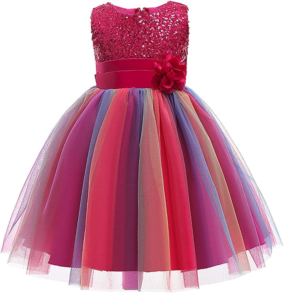 MAVLLY Flower Girls Sequin Party Dress Rainbow Mesh Tulle Princess Lace ...