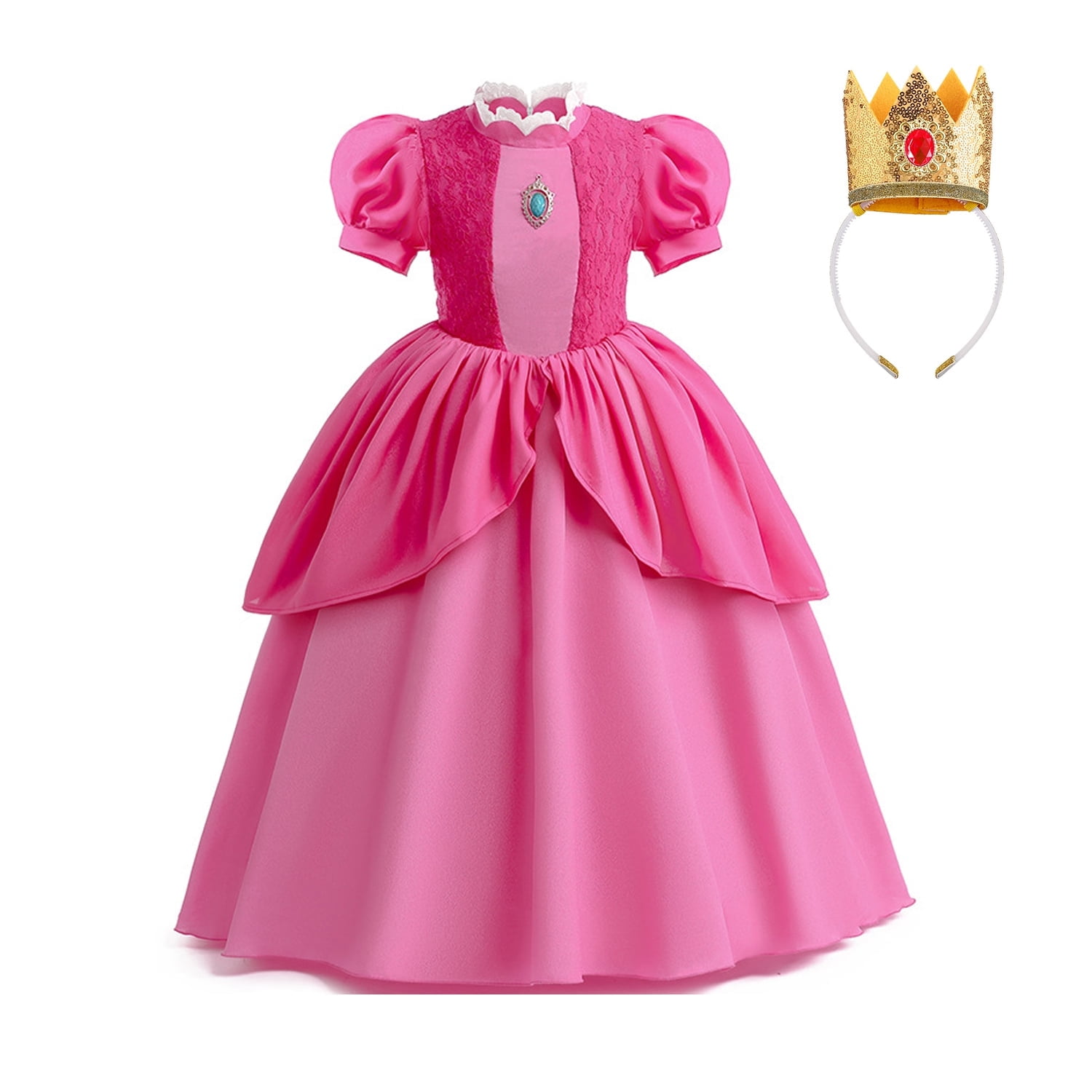 MAVLLY Princess Peach Dress for Girls Birthday Party Outfit Gift Kids Party Dress up with Crown ...