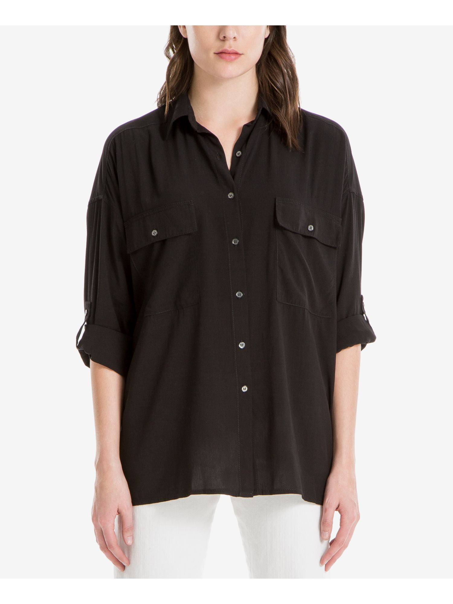 MAX STUDIO Womens Black Pocketed Cuffed Sleeve Collared Button Up Top ...