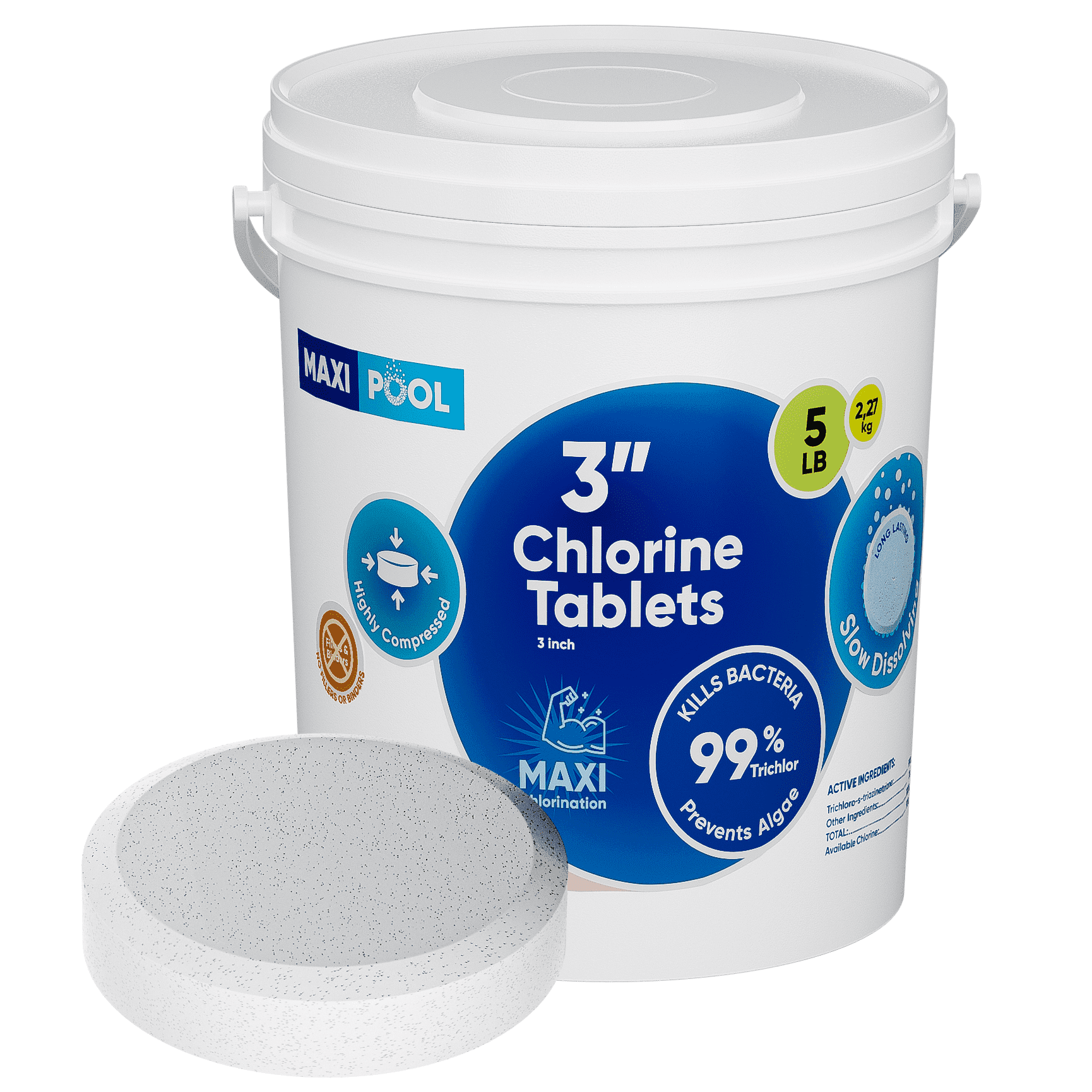 MAXI POOL 3 inch Advanced Stabilized Chlorine Tablets, Long Lasting, 5 LBS Bucket Slow ...