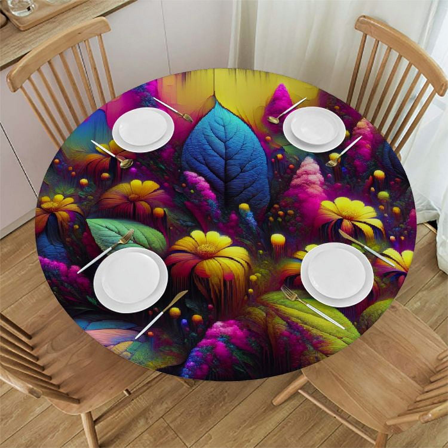 MAXIAO Waterproof Resistant Fabric Round Tablecloth Watercolor Floral ...