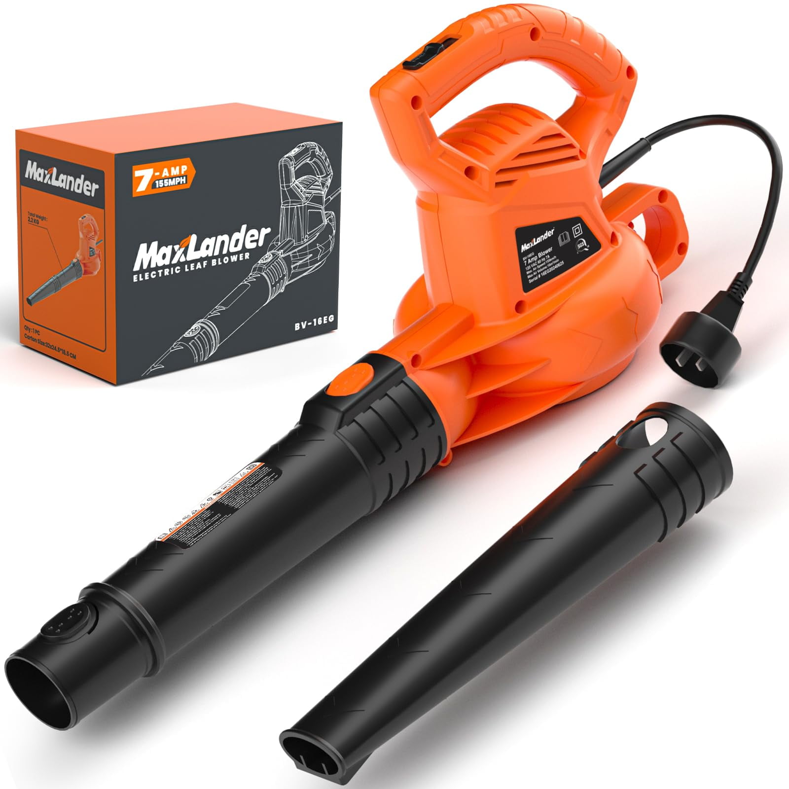 MAXLANDER Leaf Blower Corded, 7-AMP 350CFM/155MPH Electric Leaf Blower ...